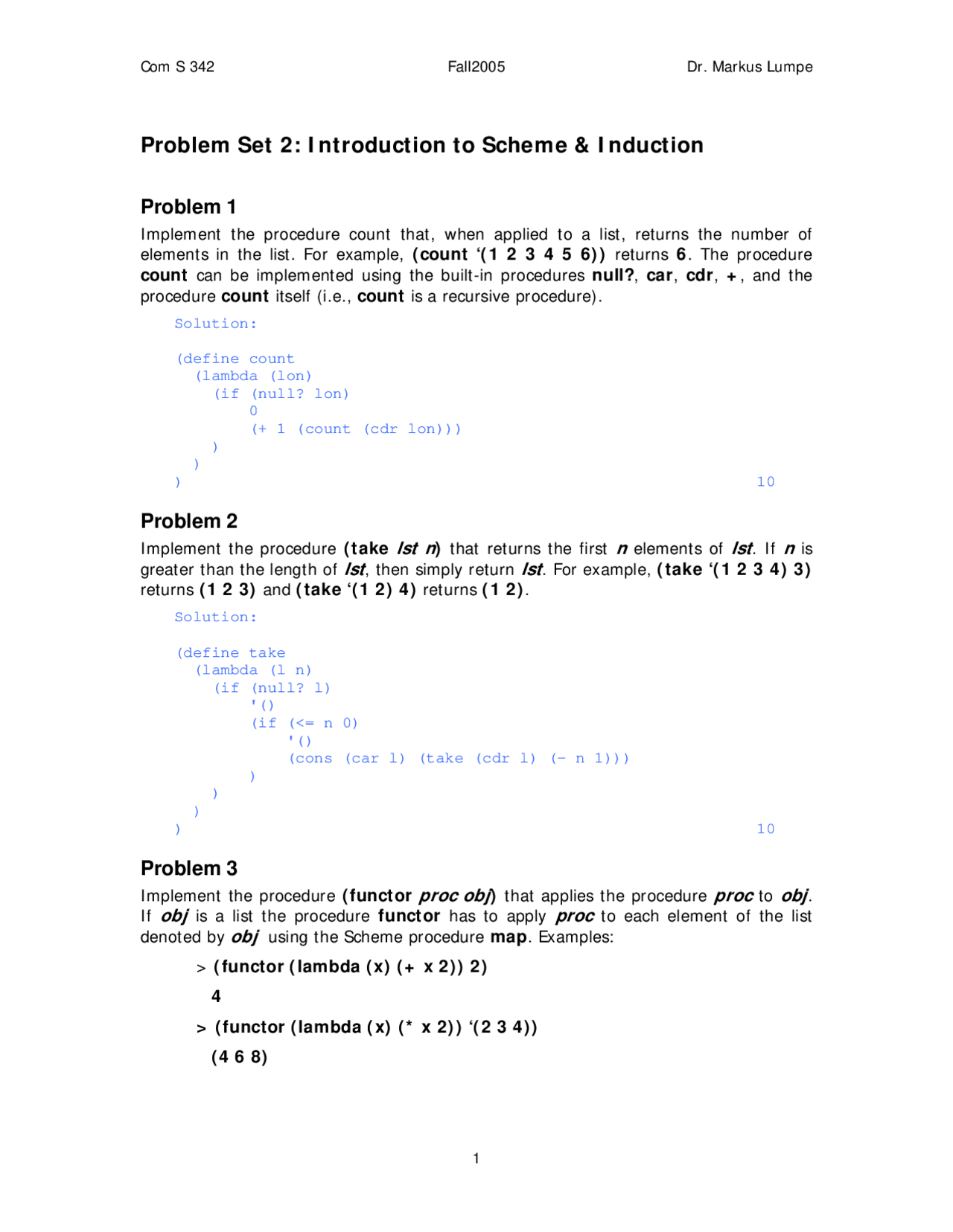 Introduction To Scheme And Induction Problem Set 2 Com S 342 Docsity