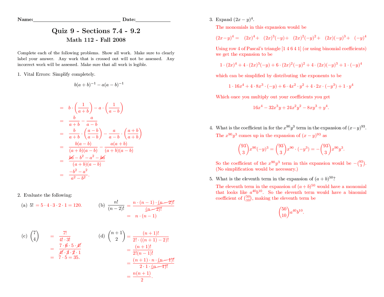 5 Solved Questions on Algebra - Practice Quiz 9 | MATH 112 - Docsity