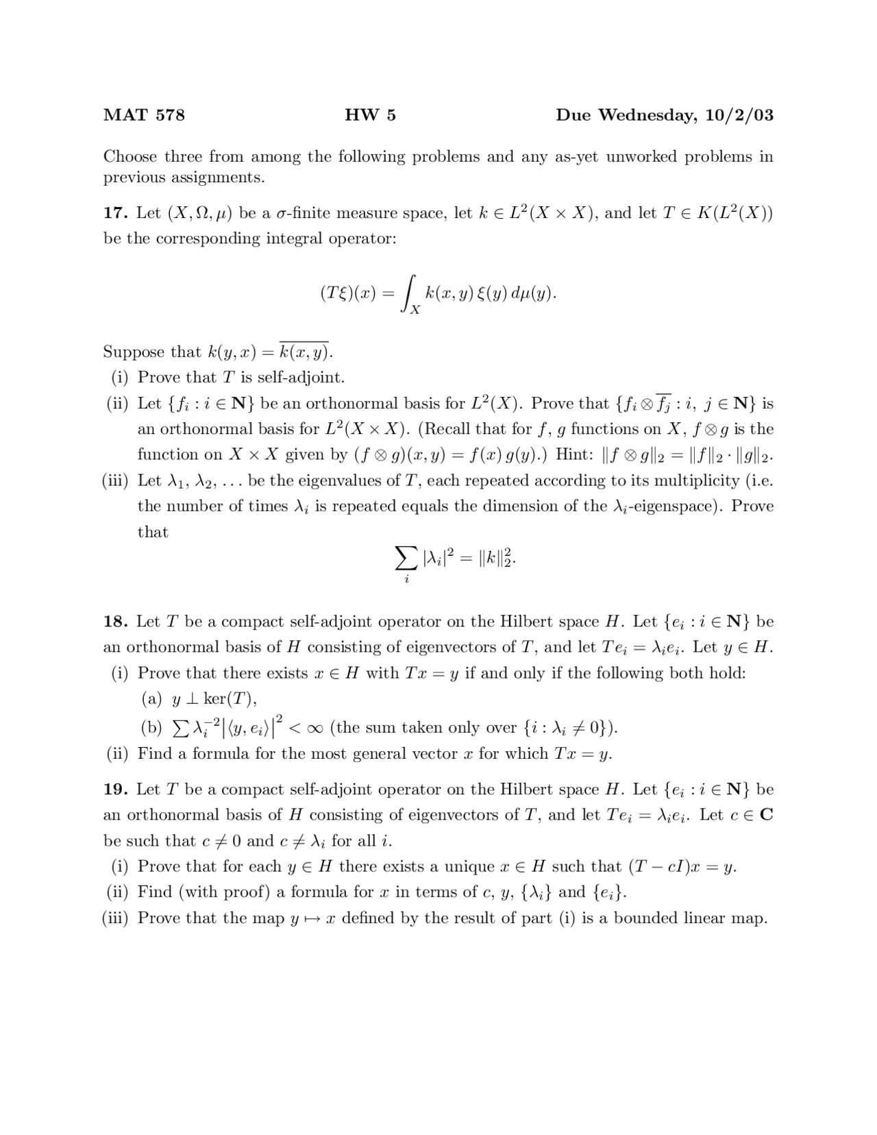 Homework 5 Problems Functional Analysis Fall 2003 Mat 578 Docsity