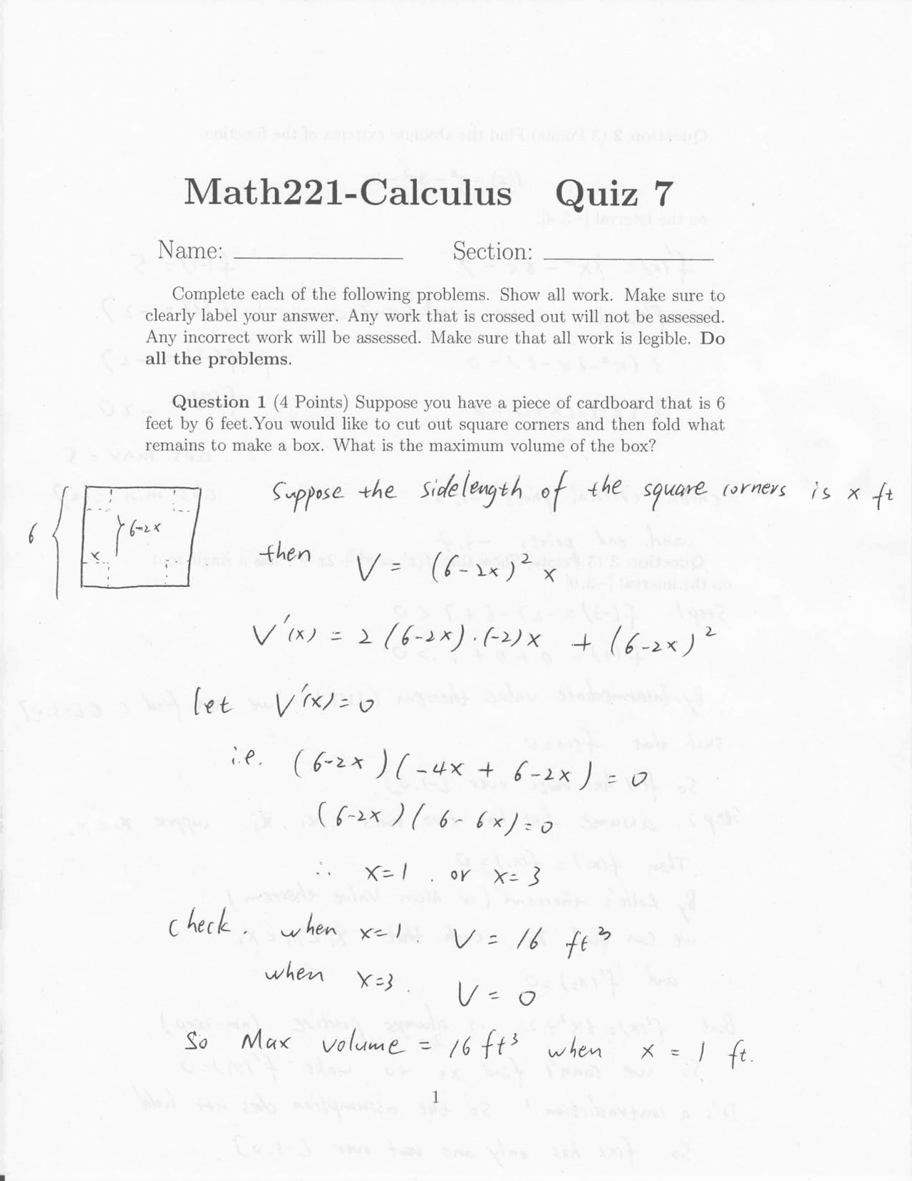 Quiz 7 With Solution For Calculus And Analytic Geometry Math 221