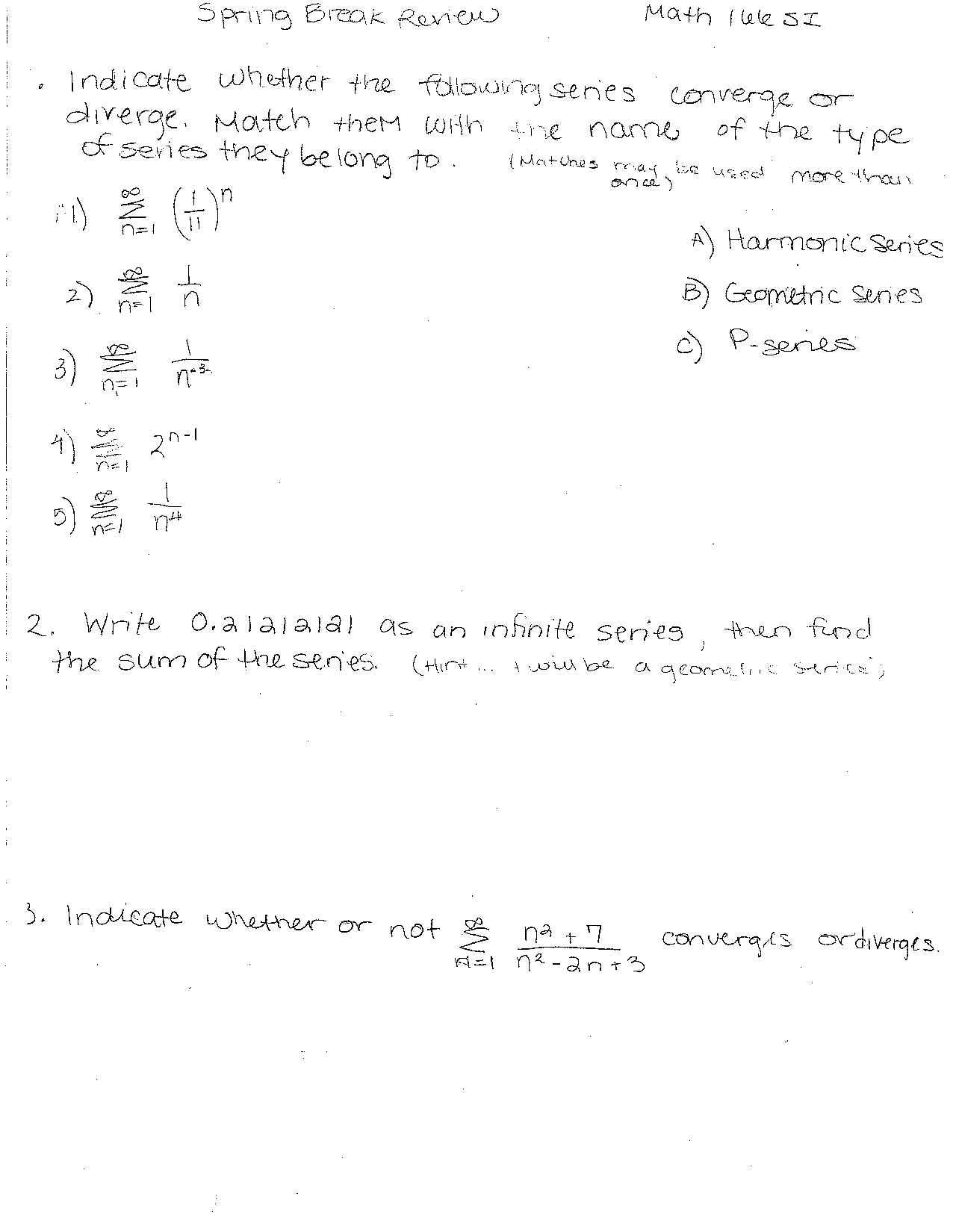 Review Examination Questions Calculus Ii Math 166 Docsity