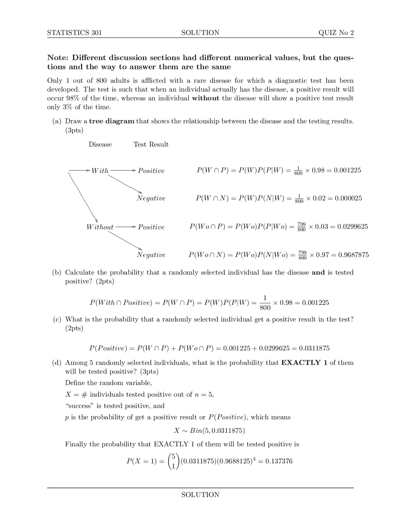 Quiz 2 With Solution Introduction To Statistical Methods Stat 301 Docsity