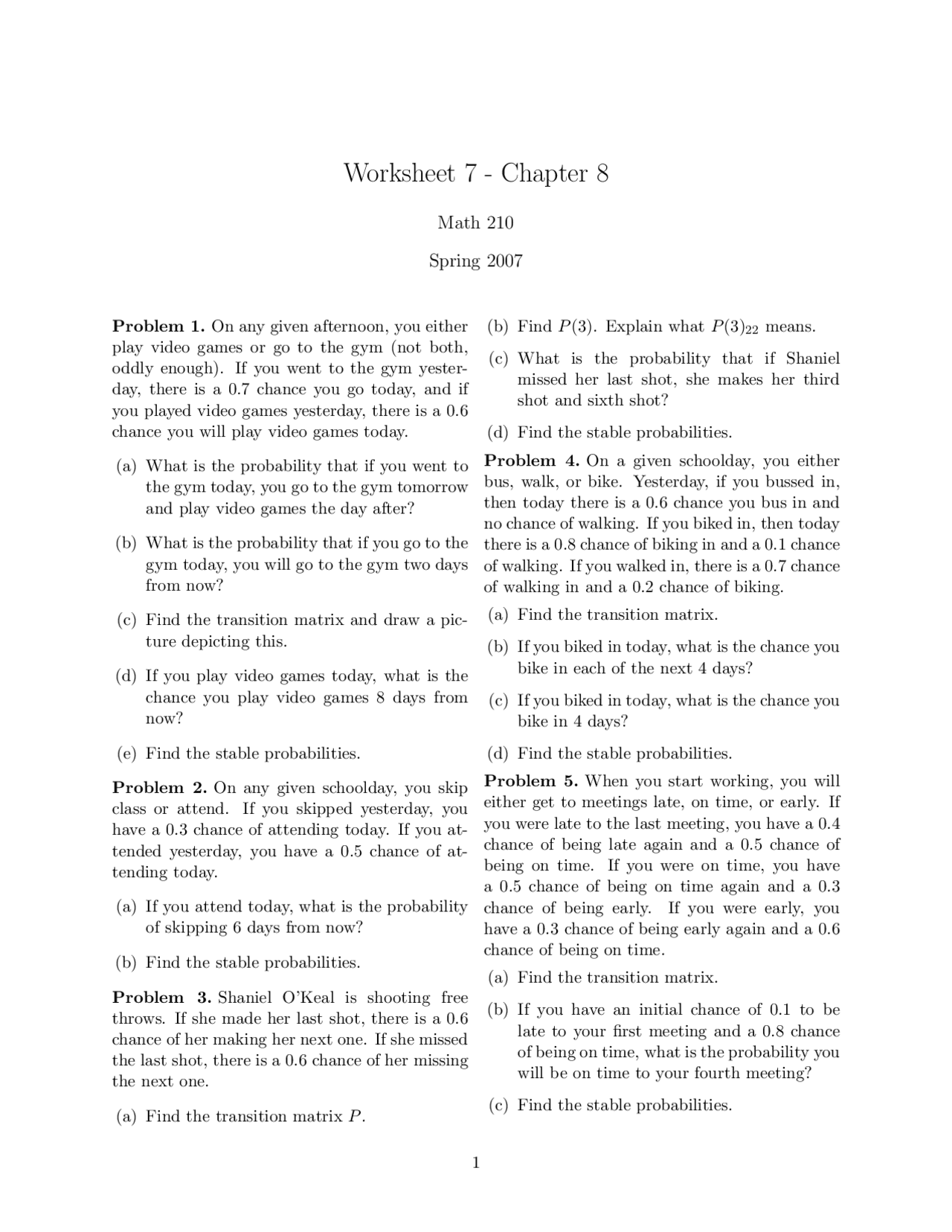 Worksheet 7 Practice Topics In Finite Mathematics Math 210 Docsity
