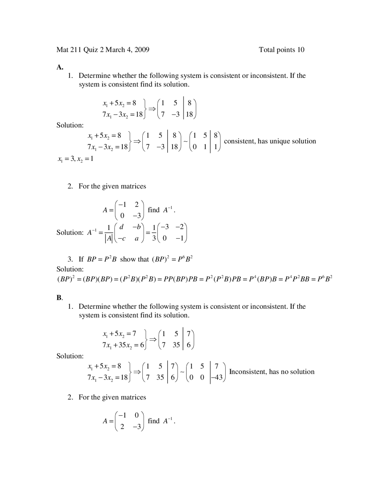 Quiz 2 With Solution Mathematics For Business Analysis Mat 211