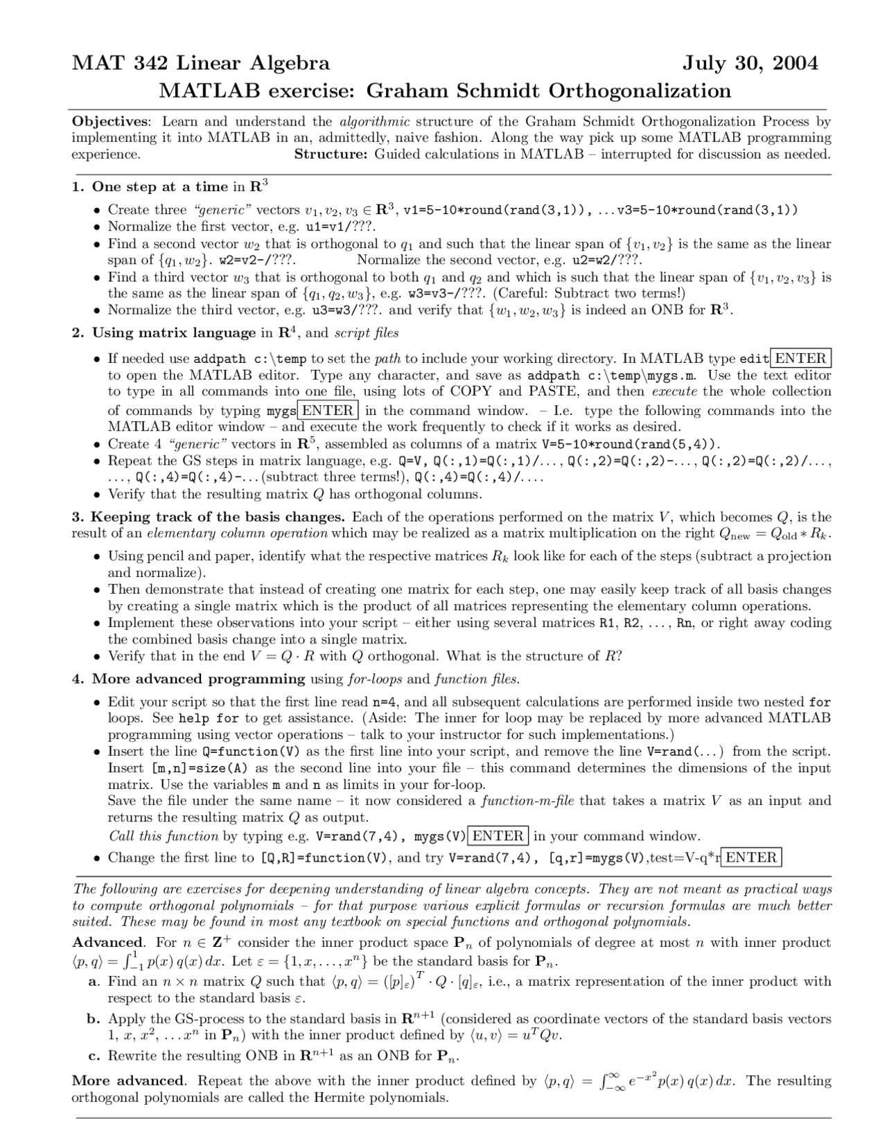 Matlab Exercise Gram Schmidt Orthogonalization Fall 2004 Mat 342 Docsity