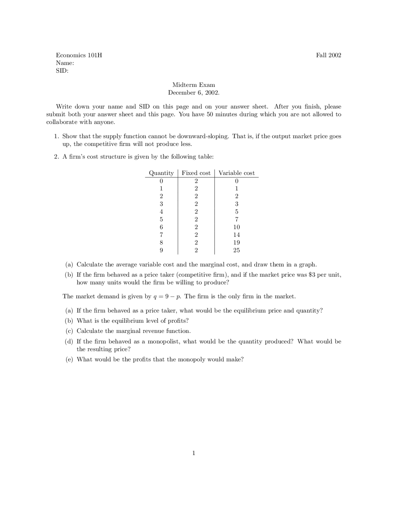 Economics 101H Midterm Exam Fall 2002 | Exams Economics | Docsity