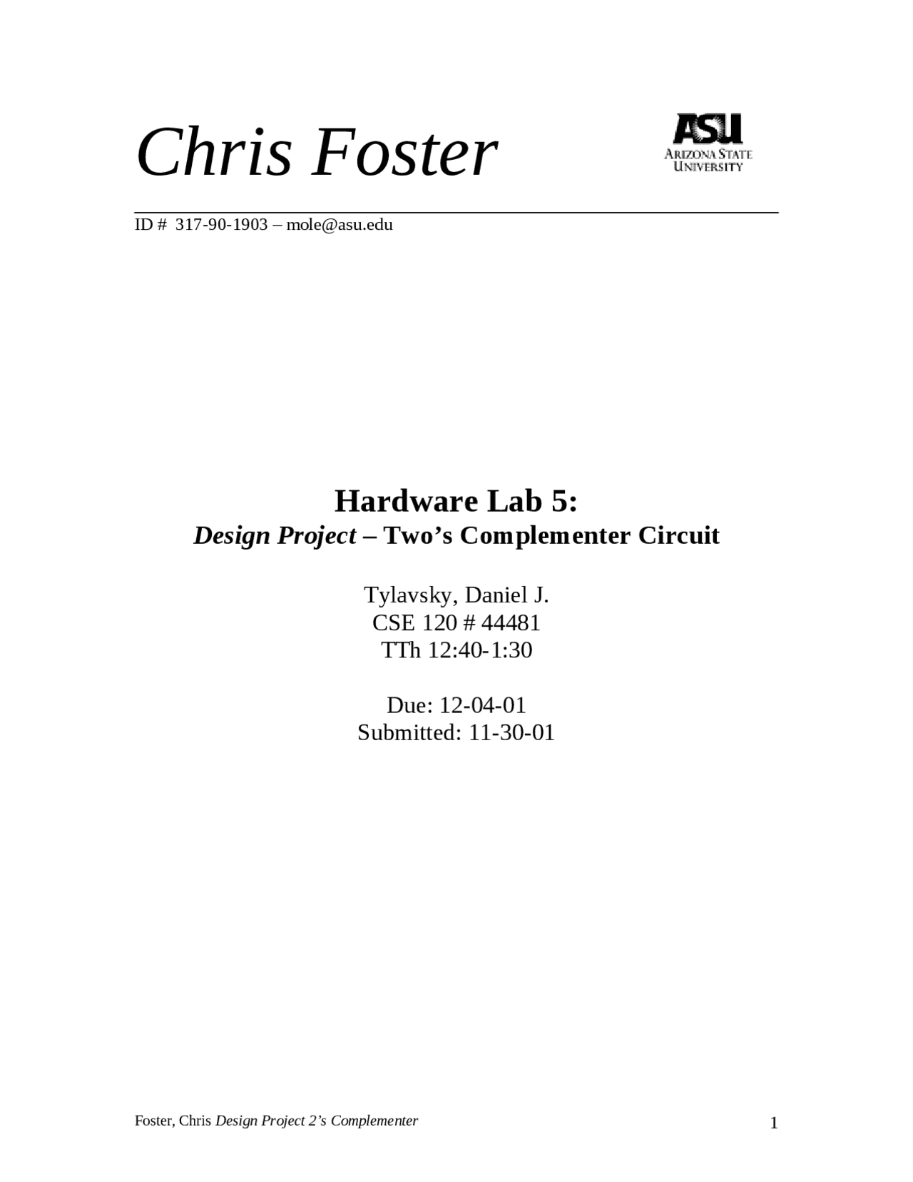 Design Project - Two's Complementer Circuit | CSE 120 - Docsity