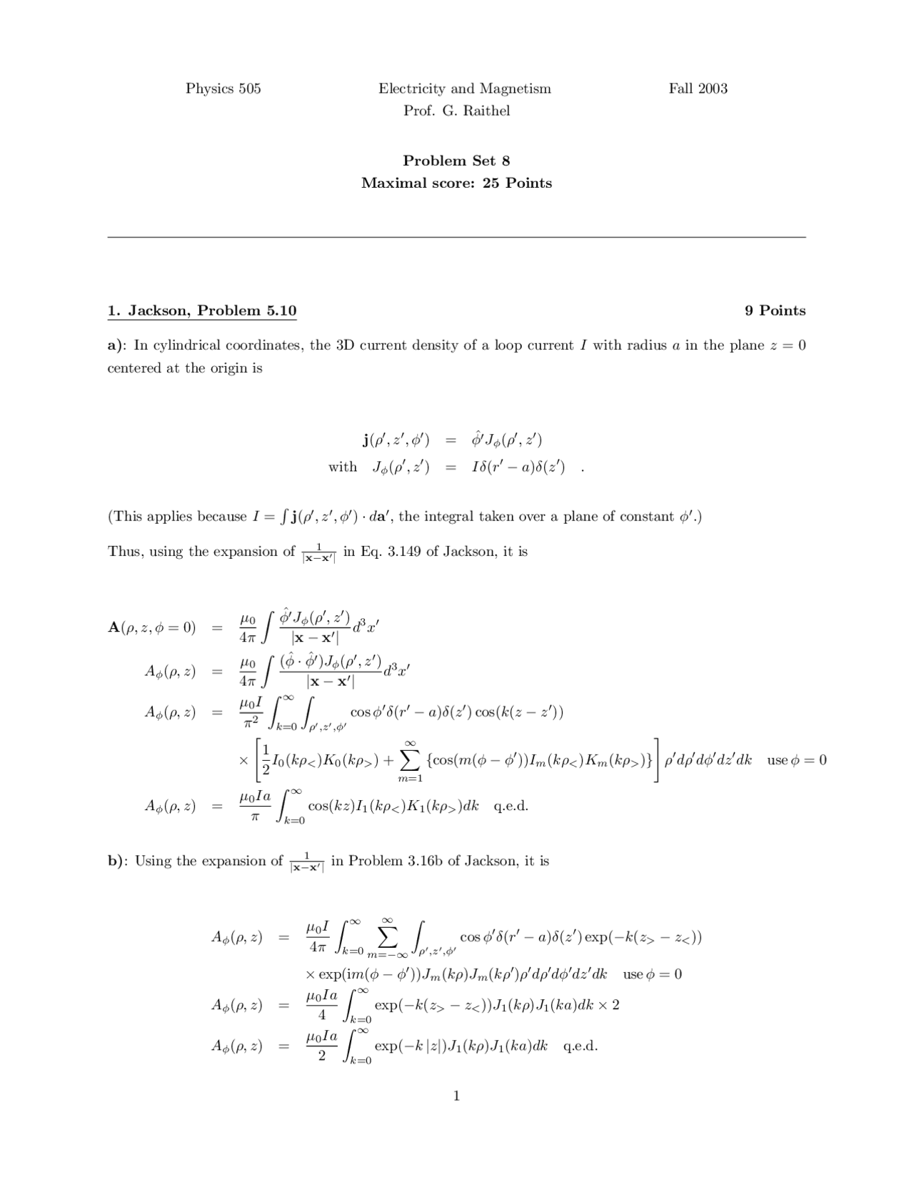 Solution Key For Problem Set 8 Electricity And Magnetism I Physics