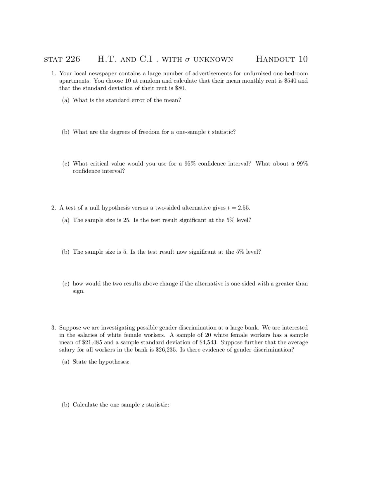 Introduction To Business Statistics I Exam Questions Stat 226