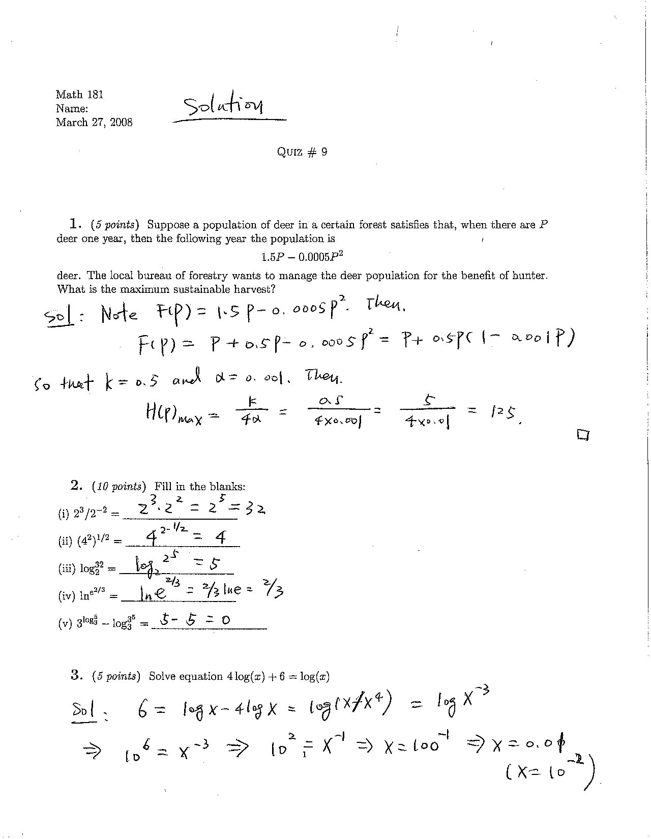 Solutions To Quiz 9 Life Science Calculus And Model I Math 181