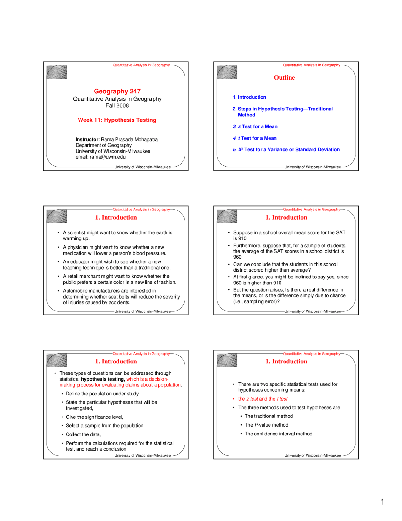 Lecture Slides On Hypothesis Testing Geog 247 Docsity