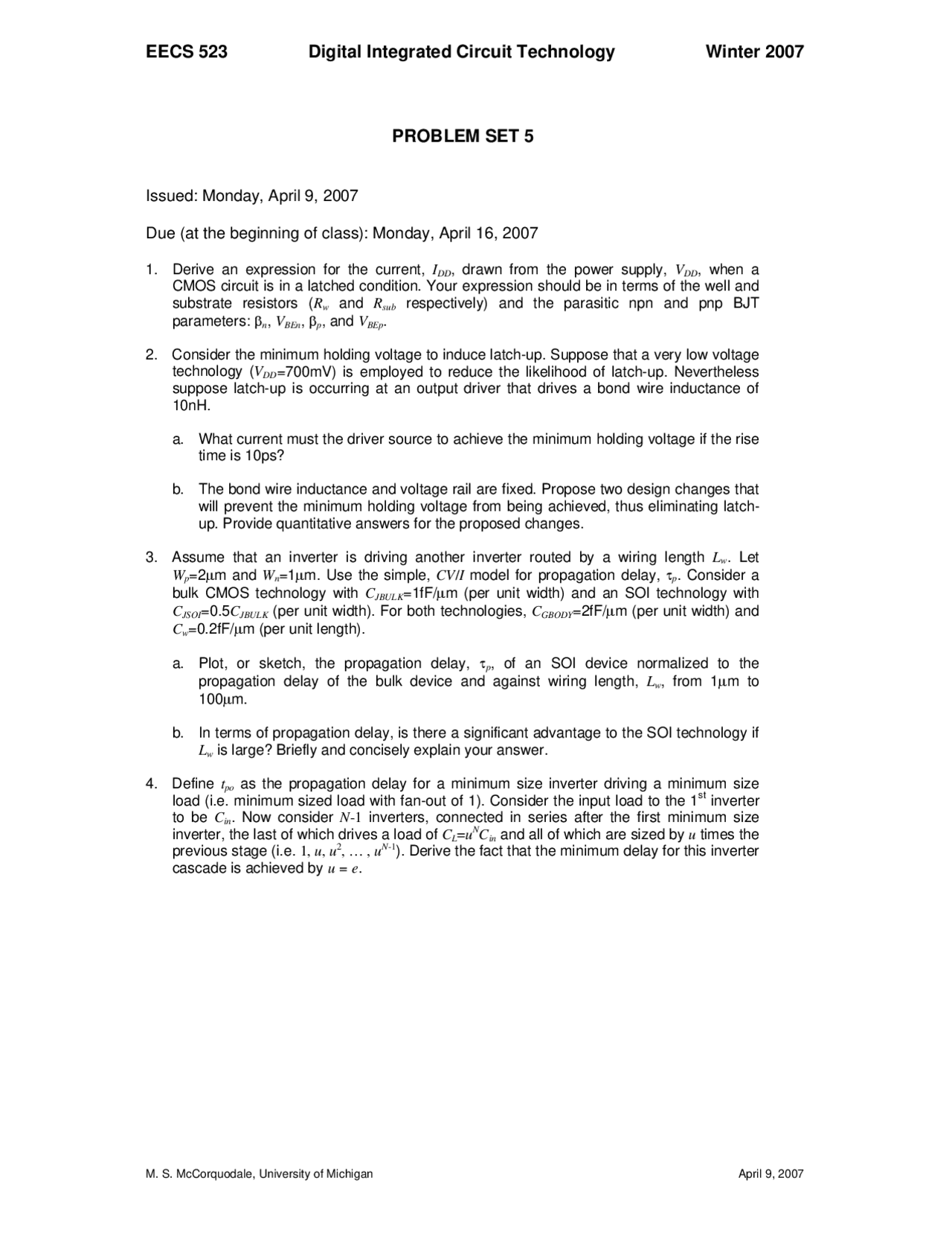 Problem Set 5 Digital Integrated Technology Eecs 523 Docsity