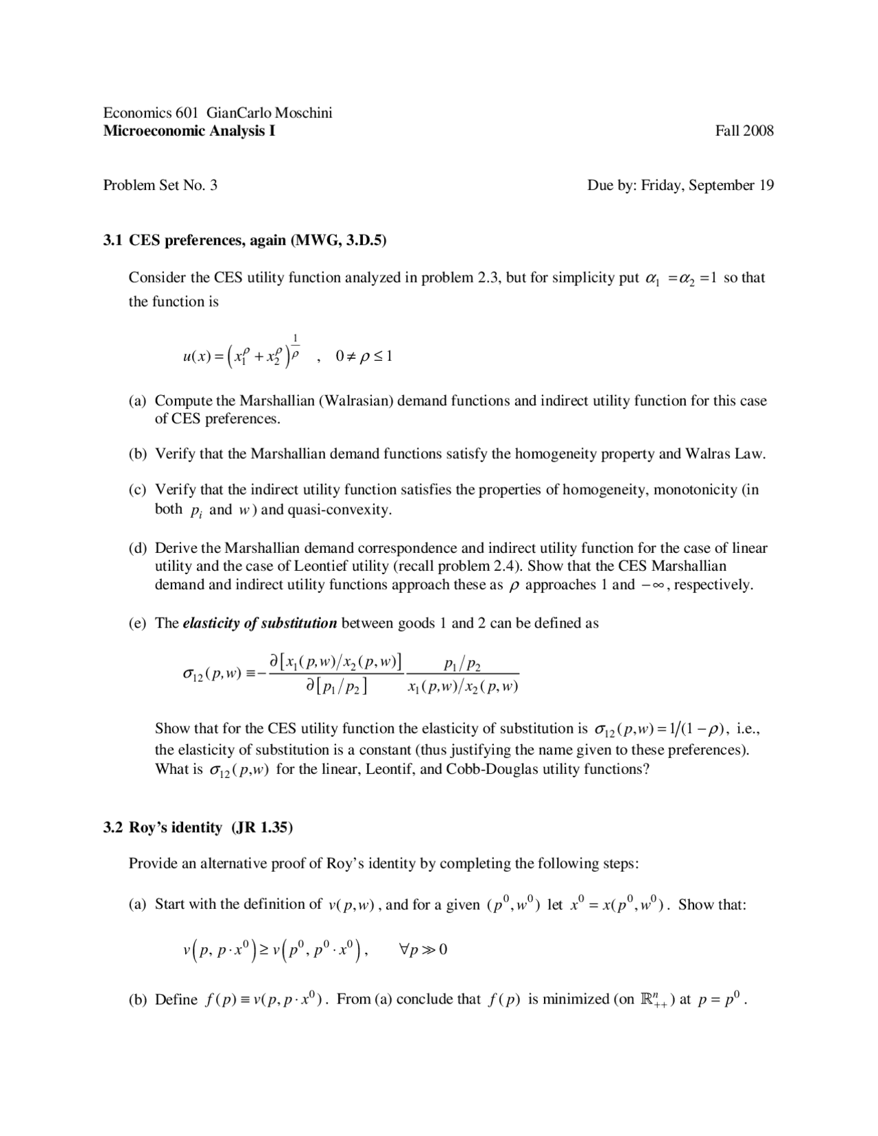 Problem Set 3 For Microeconomics Analysis I Econ 601 Docsity
