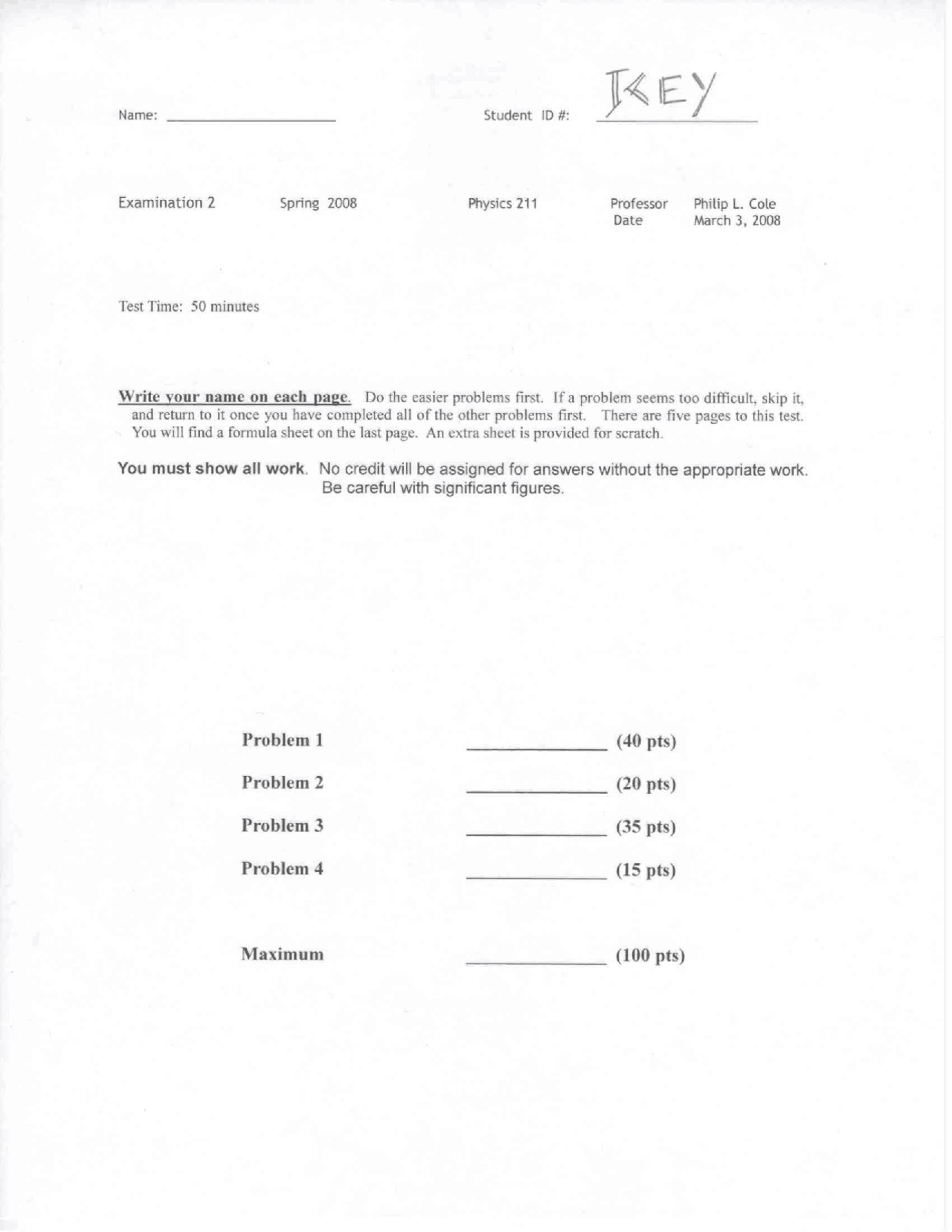 Exam 2 With Solution For Engineering Physics I Phys 211 Docsity