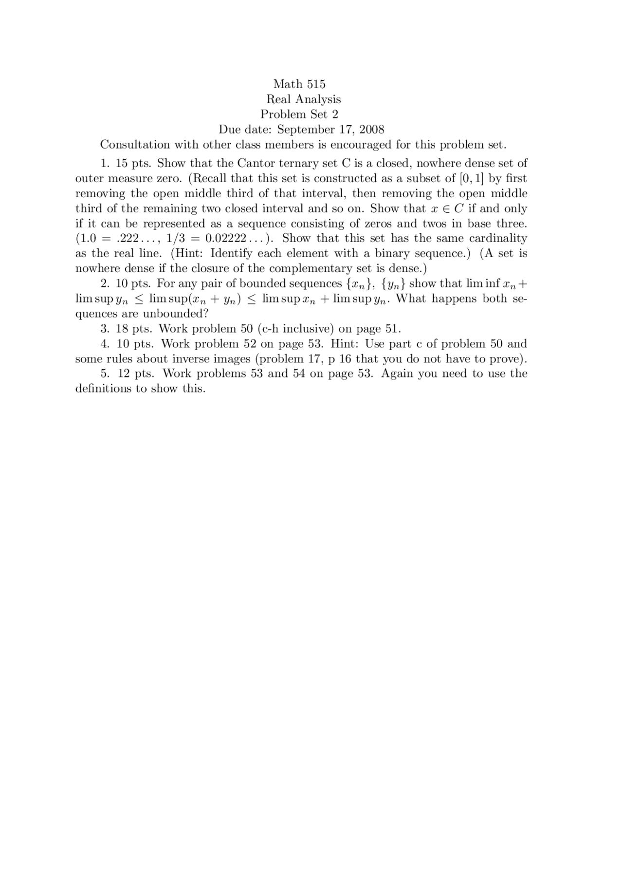 5 Practice Problems on Real Analysis I - Problem Set 2 | MATH 515 - Docsity