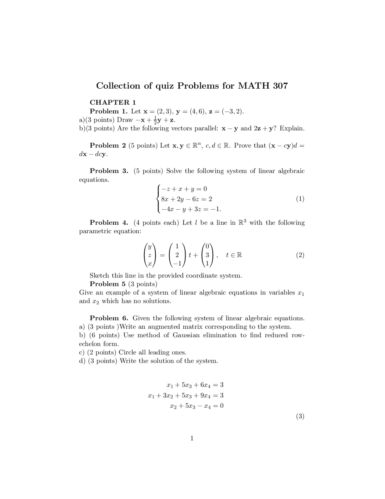 Collection Of Quiz Problems On Matrices And Linear Algebra Math 307