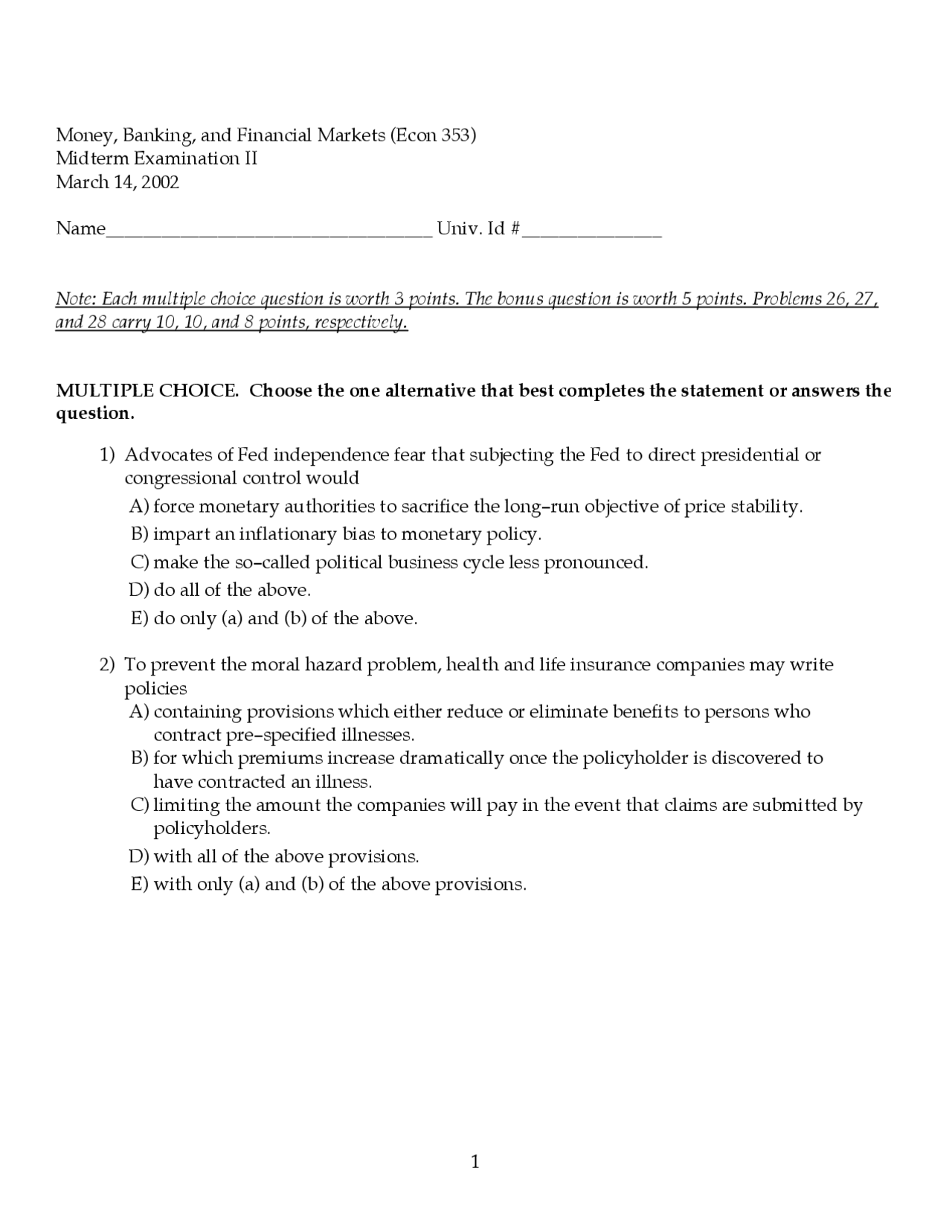 Midterm Exam 2 With Solutions Money Banking And Financial Markets