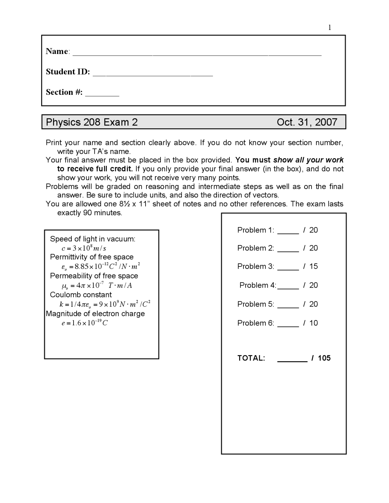 Exam 2 With Solutions General Physics Fall 2007 Physics 208 Docsity