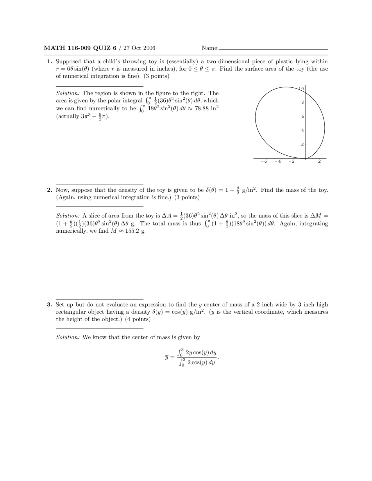 Solutions For Quiz 6 Calculus Ii Math 116 Docsity