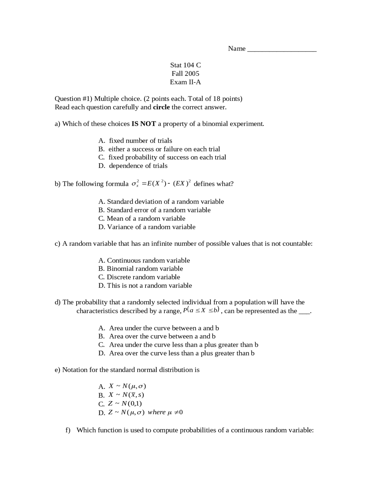 5 Questions Exam 2 Introduction To Statistics Stat 104 Docsity