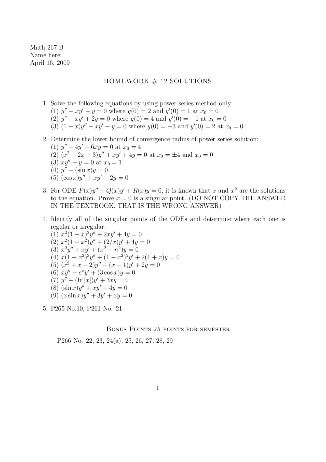Differential Equation And Transforms Homework 12 With Solutions