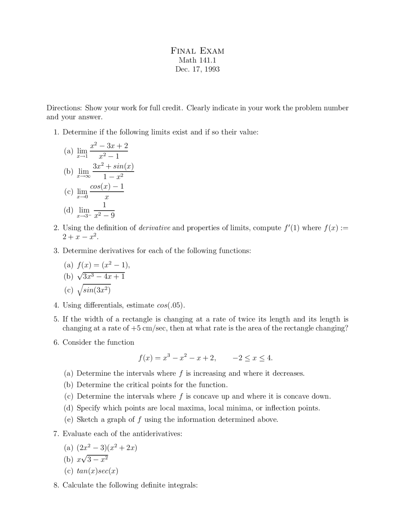 Final Exam Questions - Calculus I | MATH 141 | Exams Mathematics | Docsity