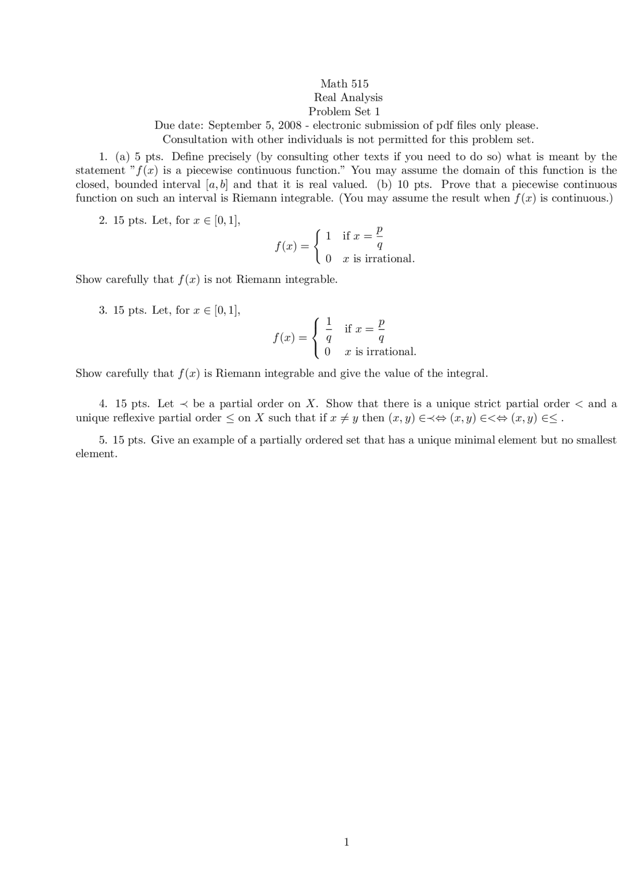 Real Analysis I - Assignment 1 Problem Set | MATH 515 - Docsity