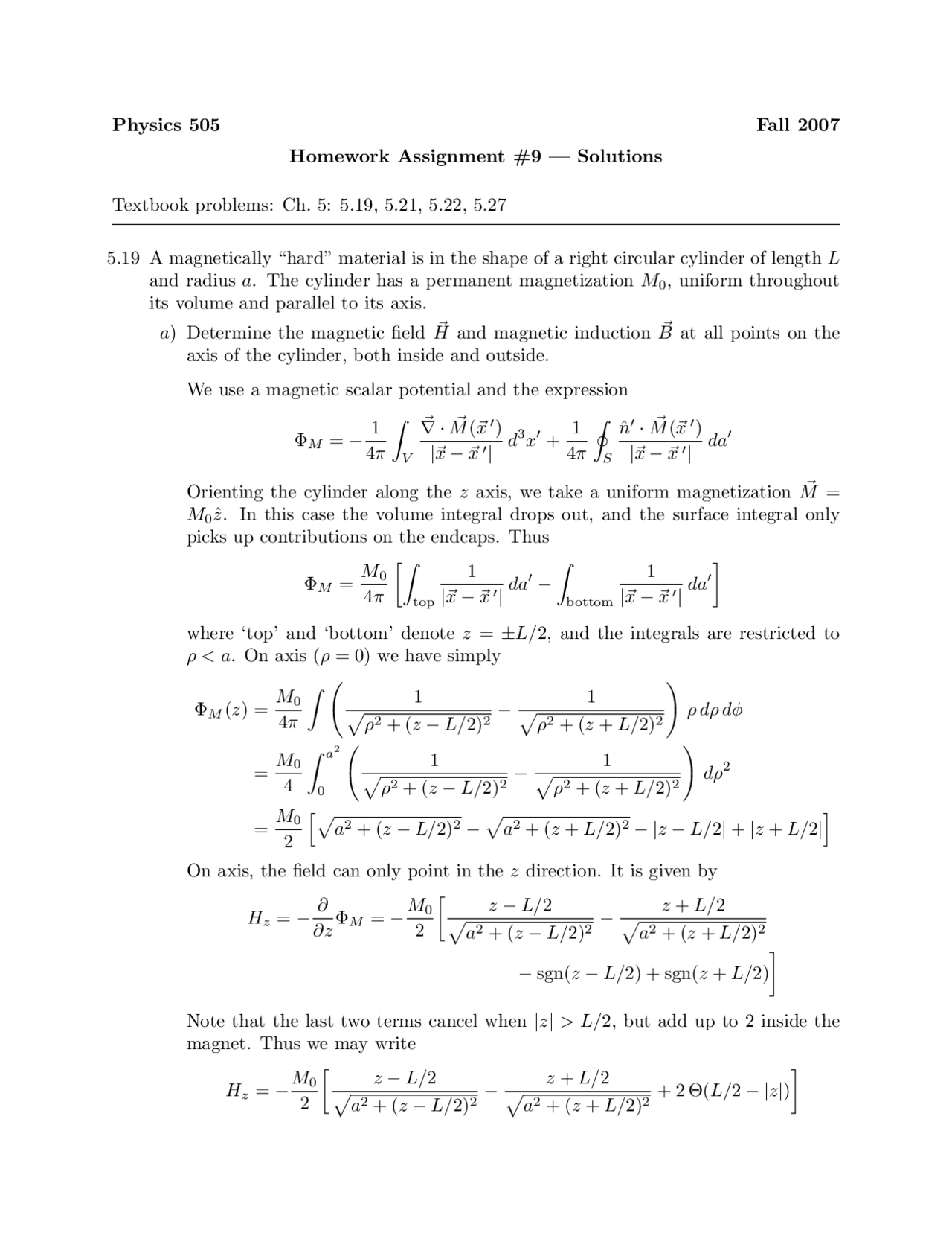 Resolution For Assignment 9 Electricity And Magnetism I Fall 2007