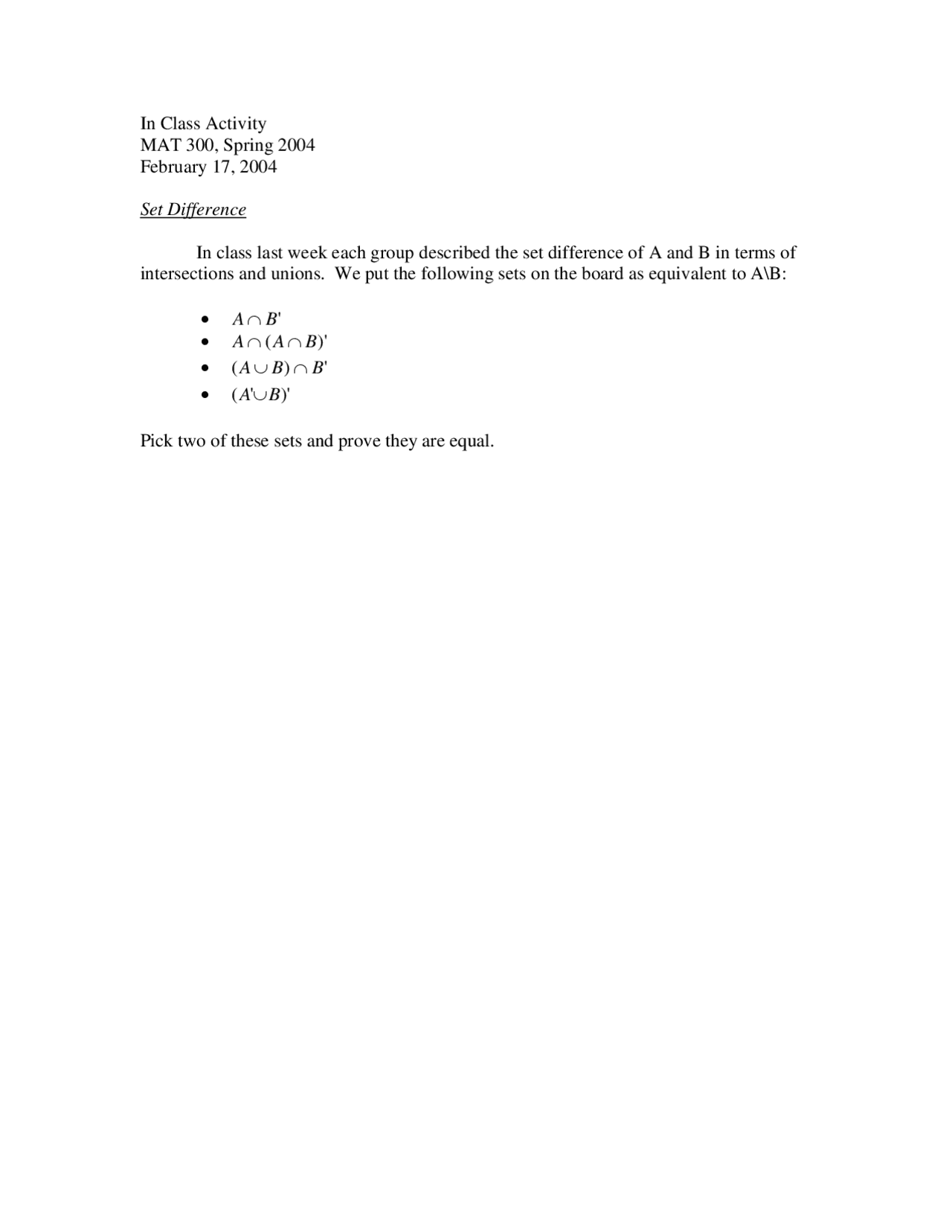 Assignment For Set Problems Mathematical Structures Mat 300 Docsity
