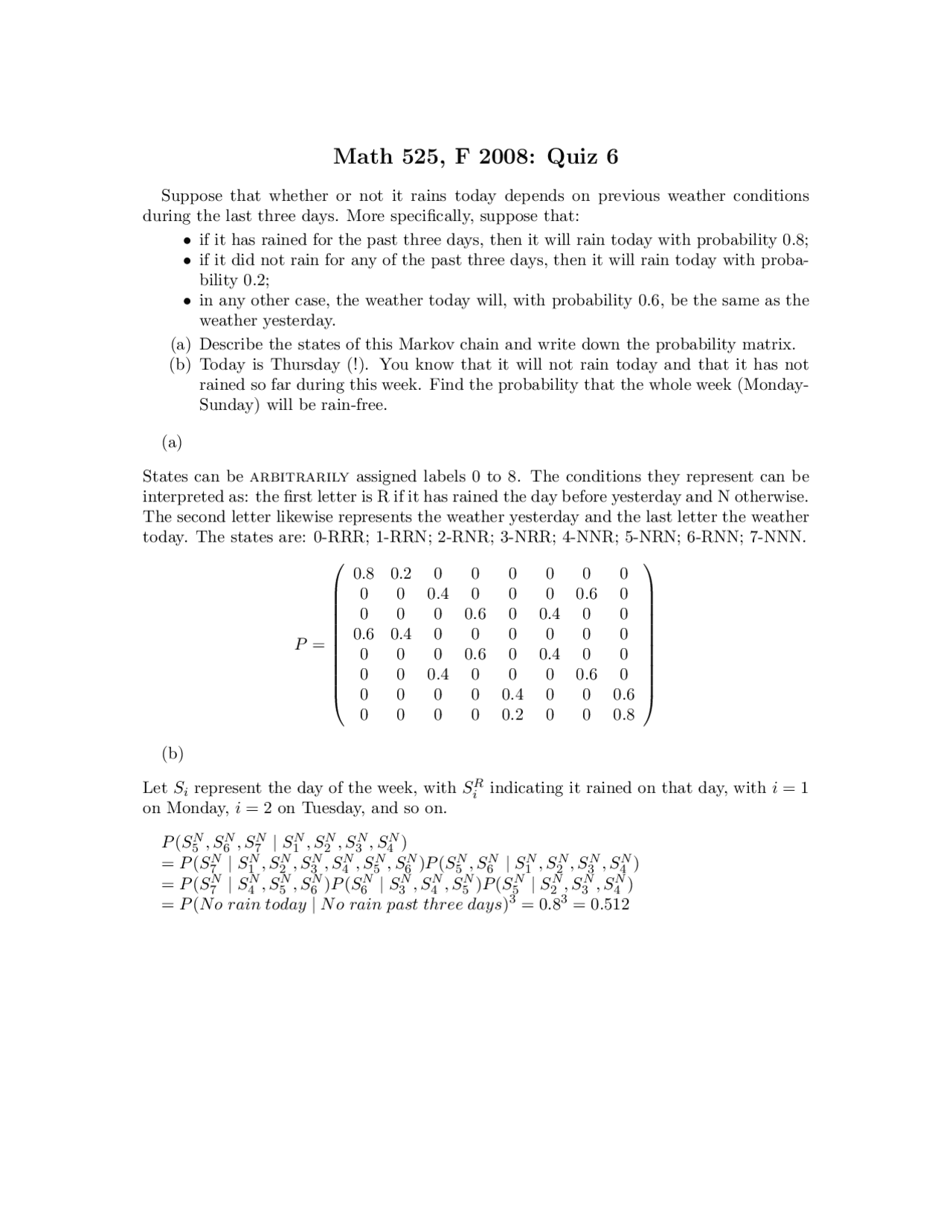 Quiz 6 with Solution for Probability | MATH 525 - Docsity