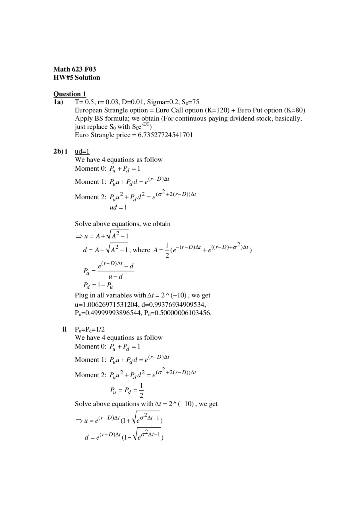 Homework 5 with Solutions - Computational Finance | MATH 623 - Docsity
