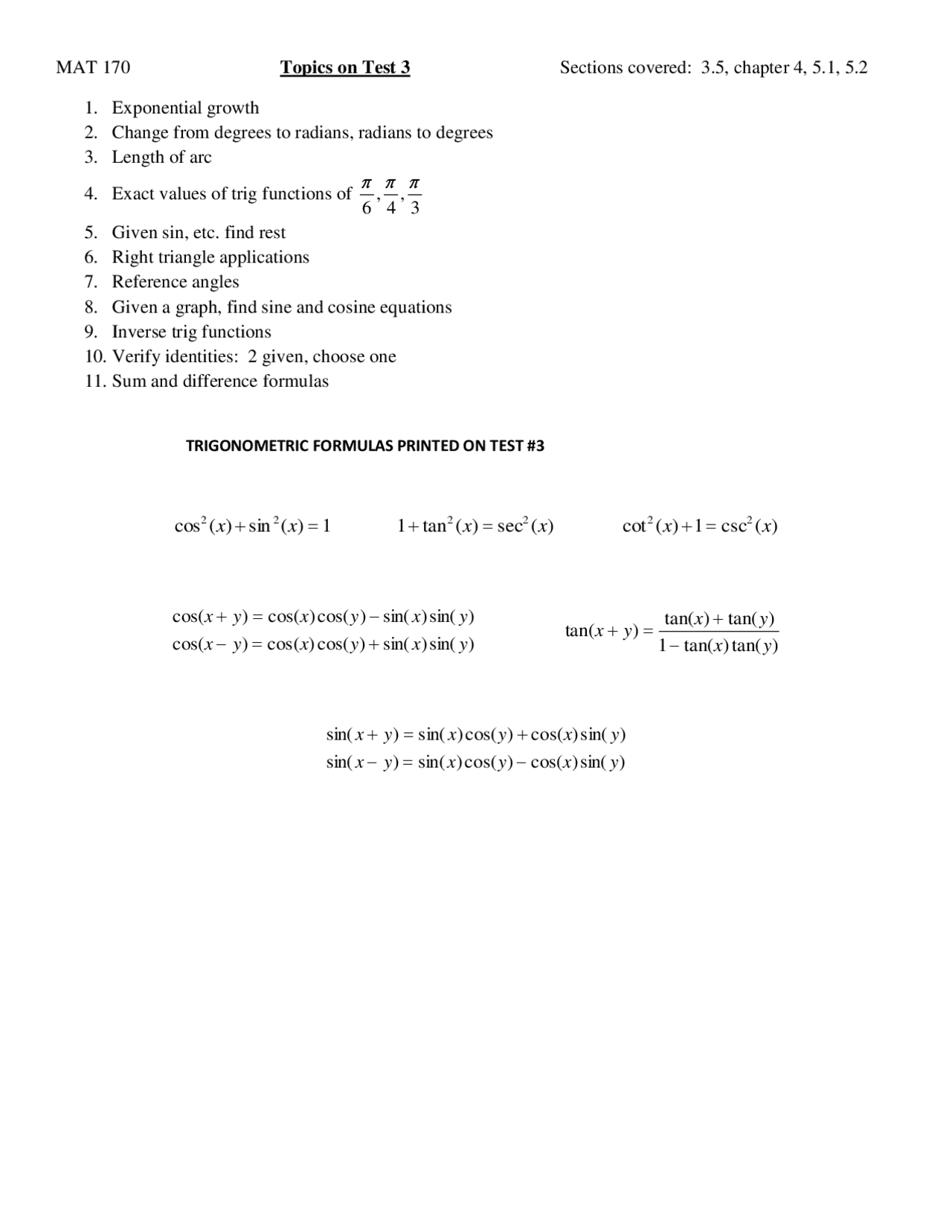 11 Questions For Exam 3 Precalculus I Mat 170 Docsity