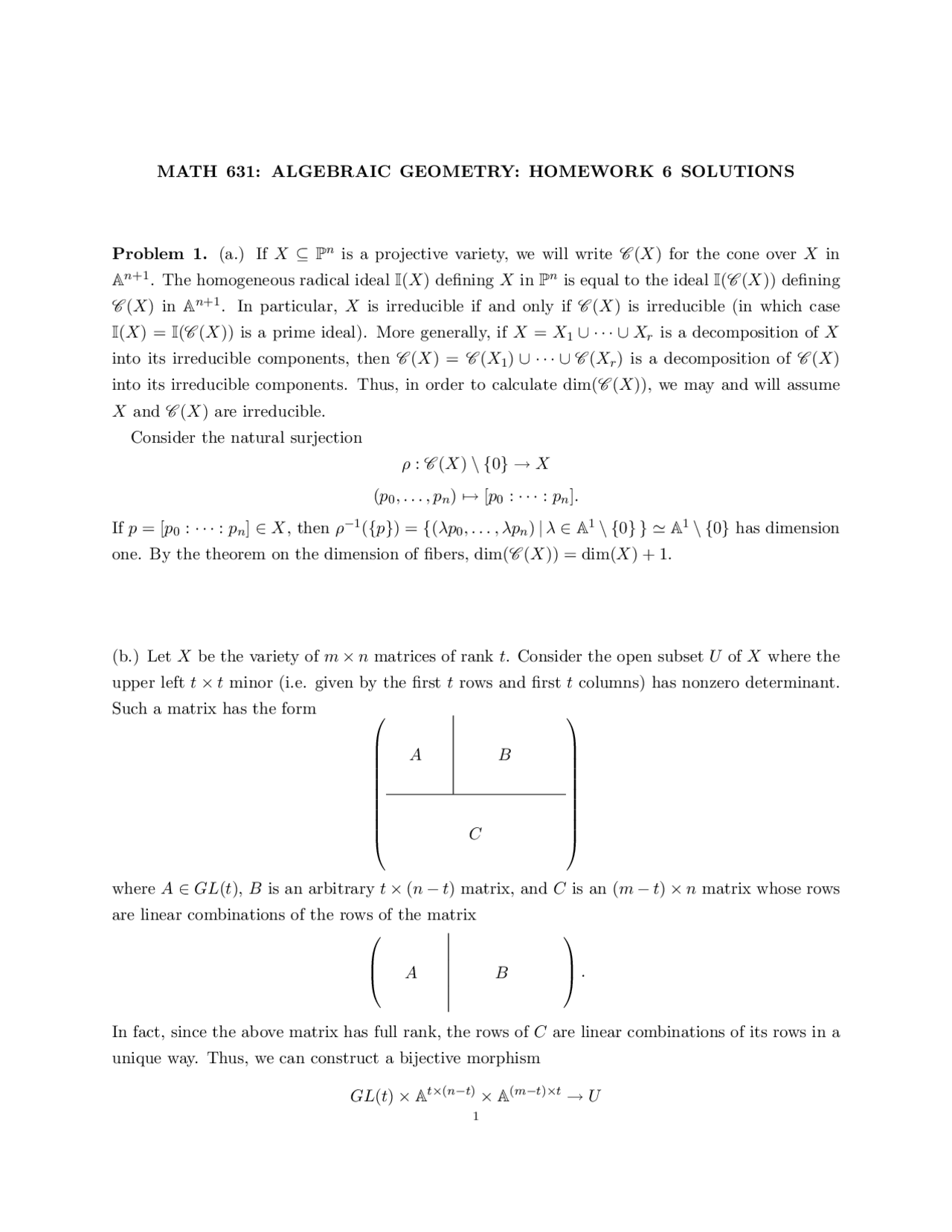 Solutions For Homework 6 Algebraic Geometry I Math 631 Docsity