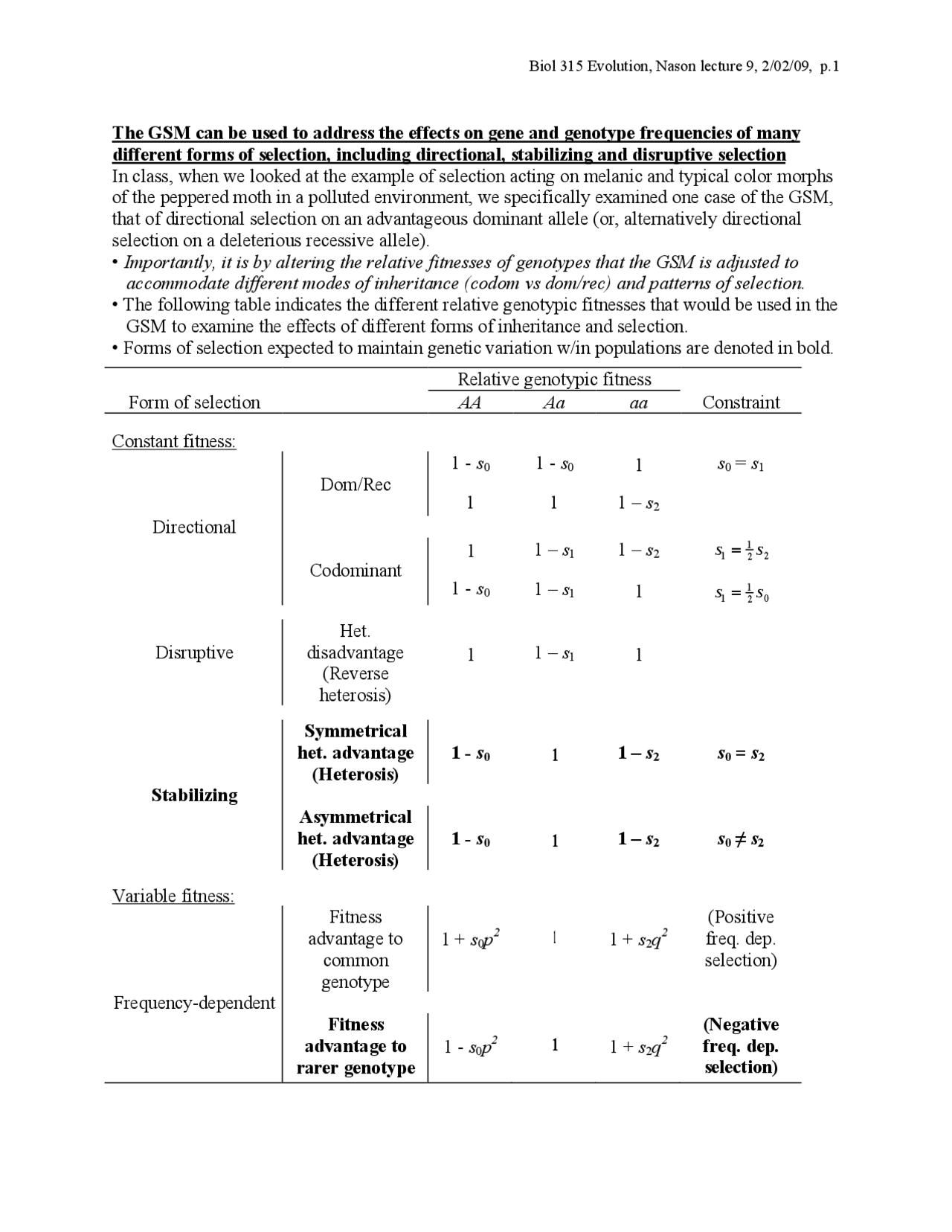 Effects On Gene And Genotype Frequencies Lecture Notes Biol 315