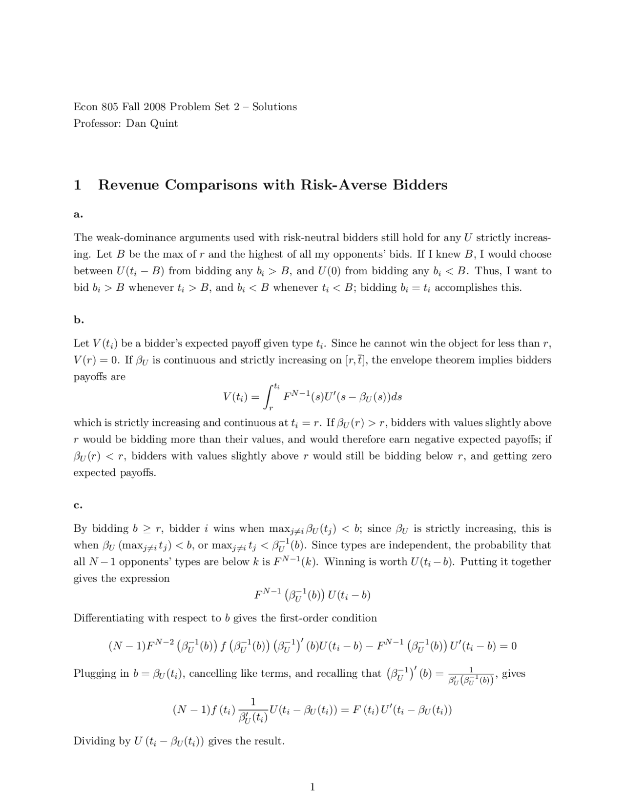 Problem Set 2 Solutions Advanced Microeconomic Theory I Econ 805