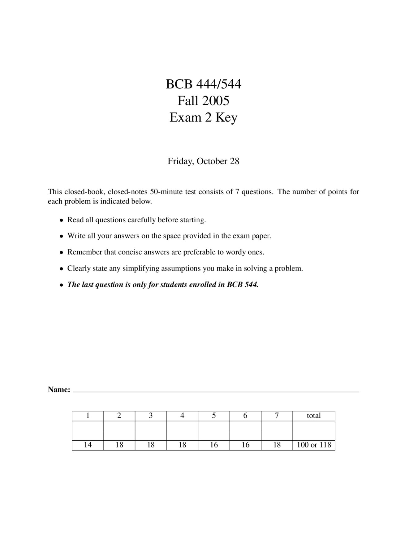 Exam 2 With Answer Key Introduction To Bioinformatics Bcb 444 Docsity