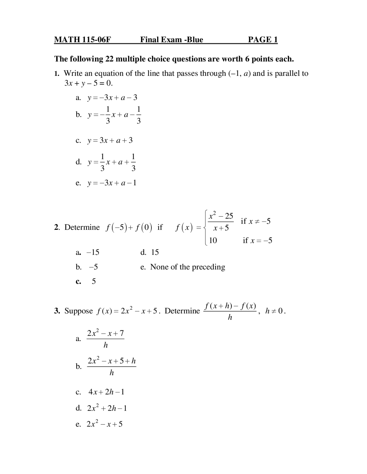 Final Exam Answer Key - Pre-Calculus | MATH 115 | Exams Pre-Calculus | Docsity