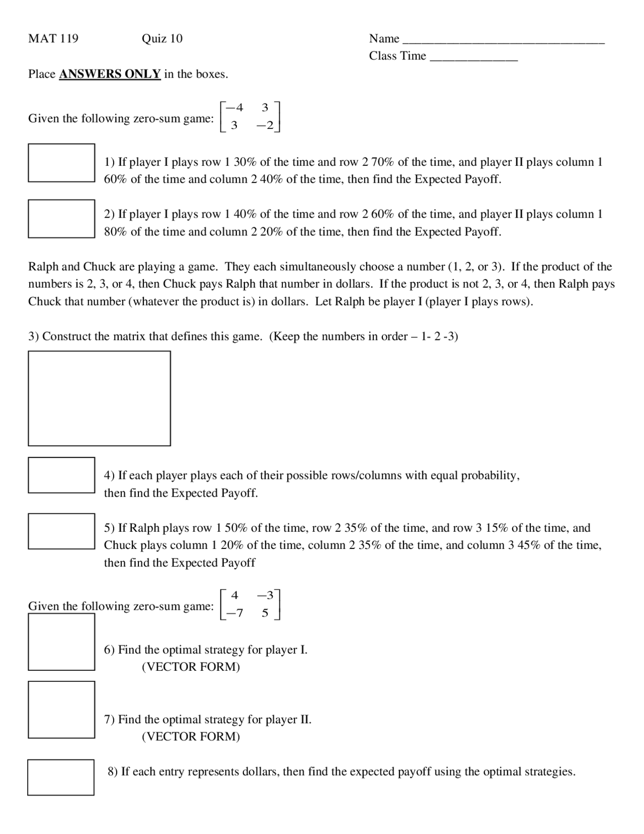 Sample Questions On Finite Mathematics Quiz 10 Mat 119 Docsity