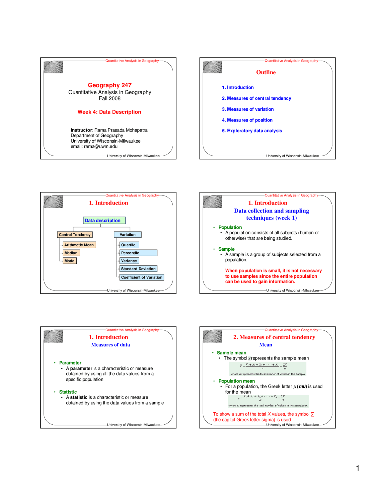 Data Description Quantitative Analysis In Geography Geog 247 Docsity