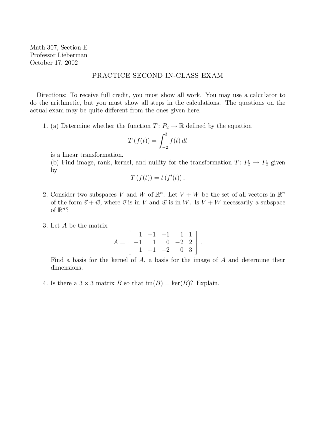 Practice Exam For Matrices And Linear Algebra Math 307 Docsity