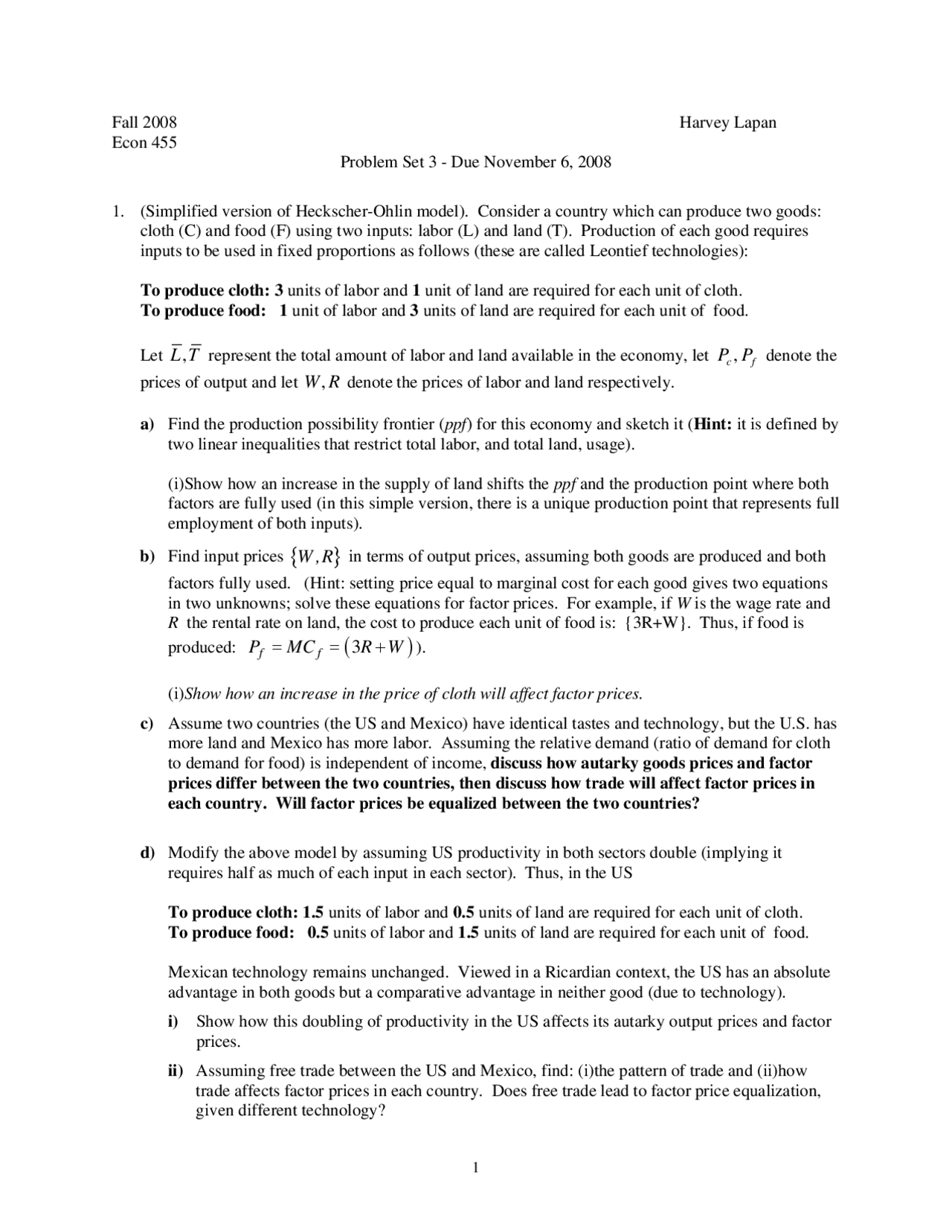 Problem Set 3 On International Trade Econ 455 Docsity
