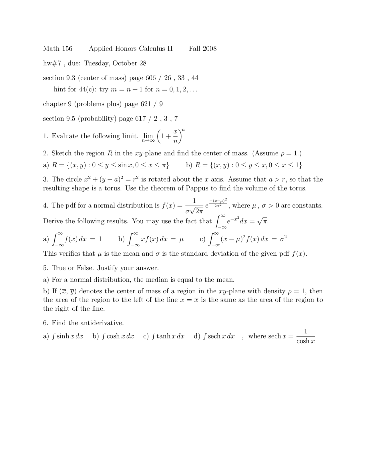 Homework 7 For Applied Honors Calculus Ii Math 156 Docsity