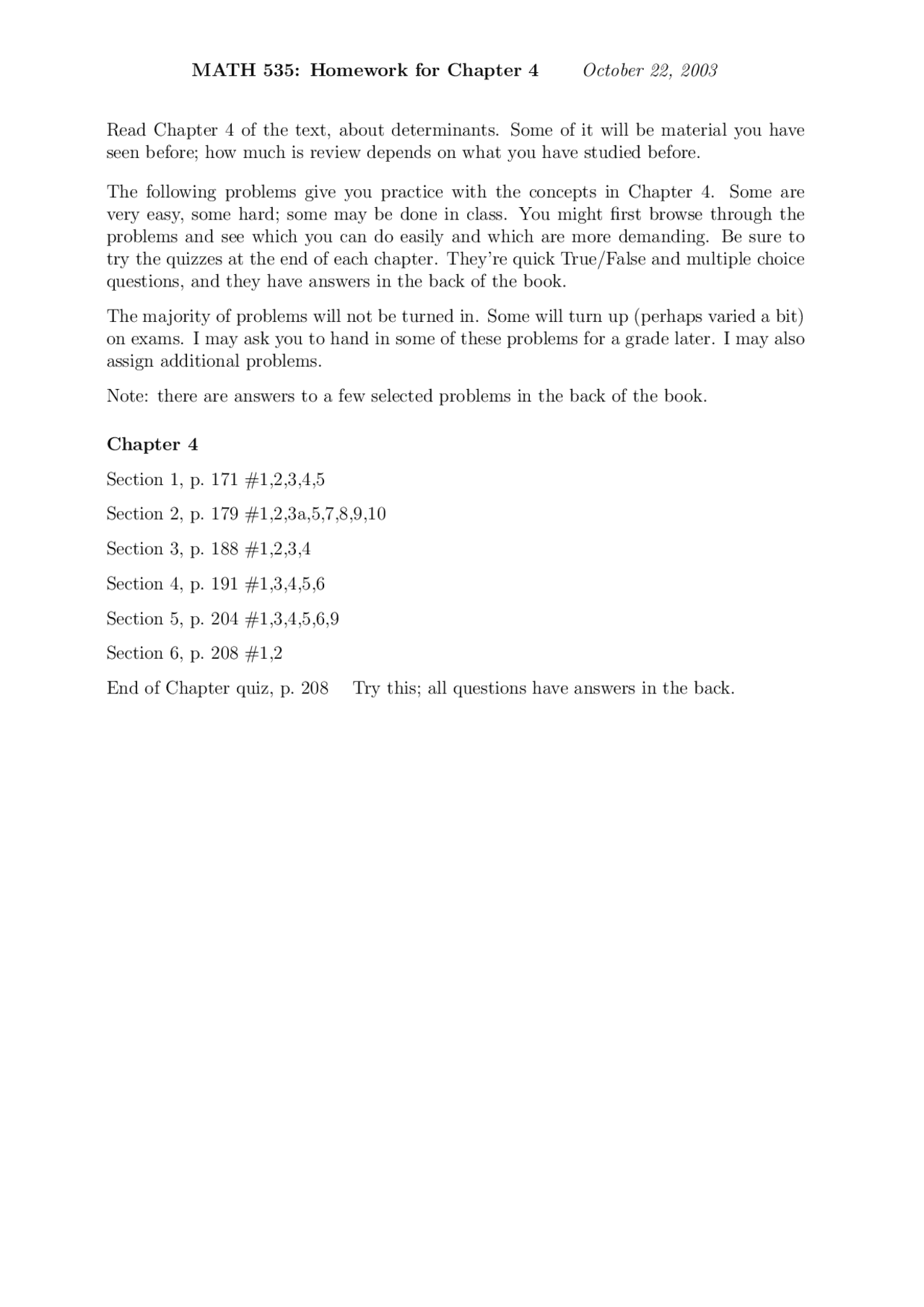 Homework 4 Unsolved Problems - Linear Algebra | MATH 535 - Docsity