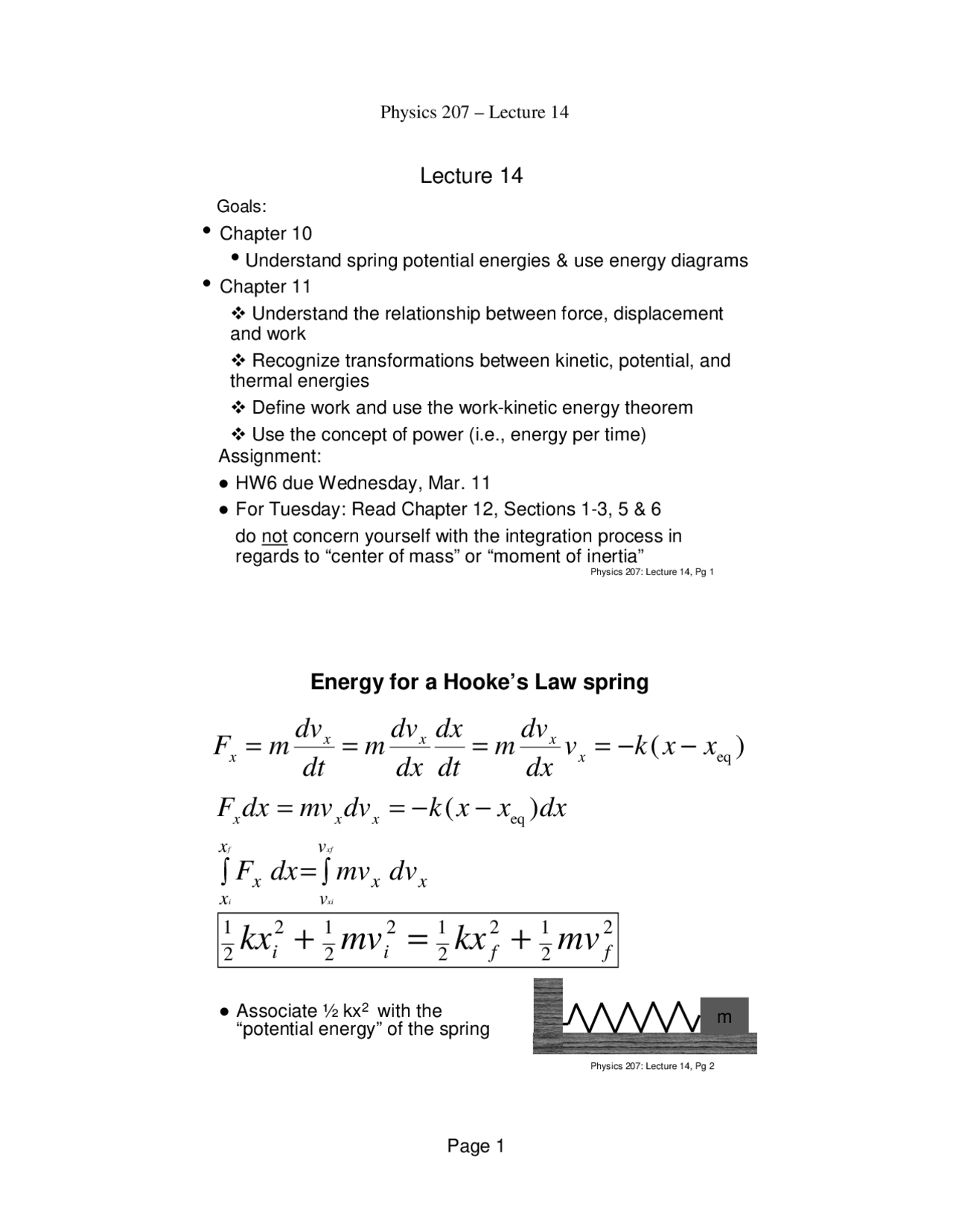 Energy for a Hooke's Law Spring - Assignment 6 | PHYSICS 207 - Docsity