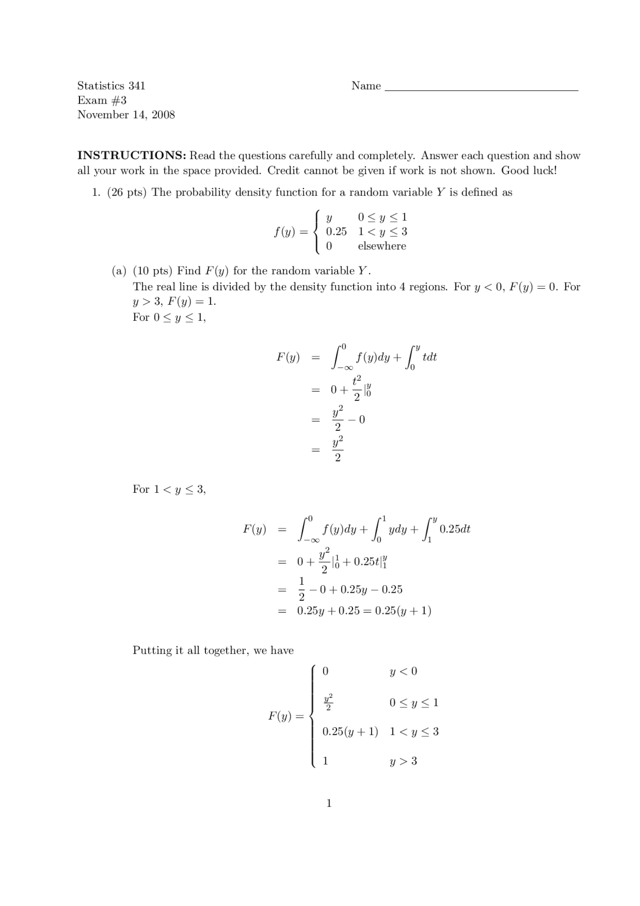 5 Problems With Solutions On Statistics Examination 3 Stat 341