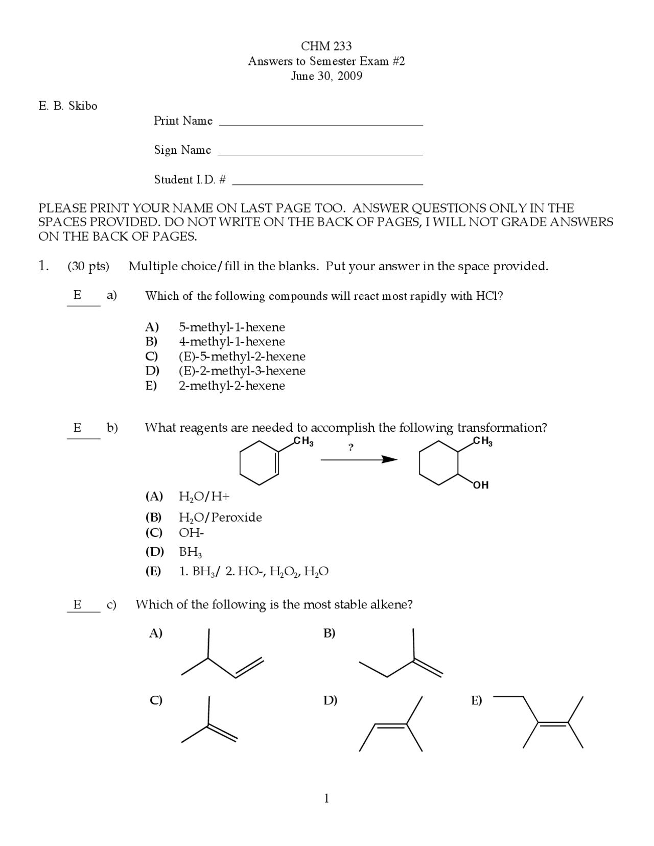 General Organic Chemistry I - Answers to Exam 1 | CHM 233 | Exams ...