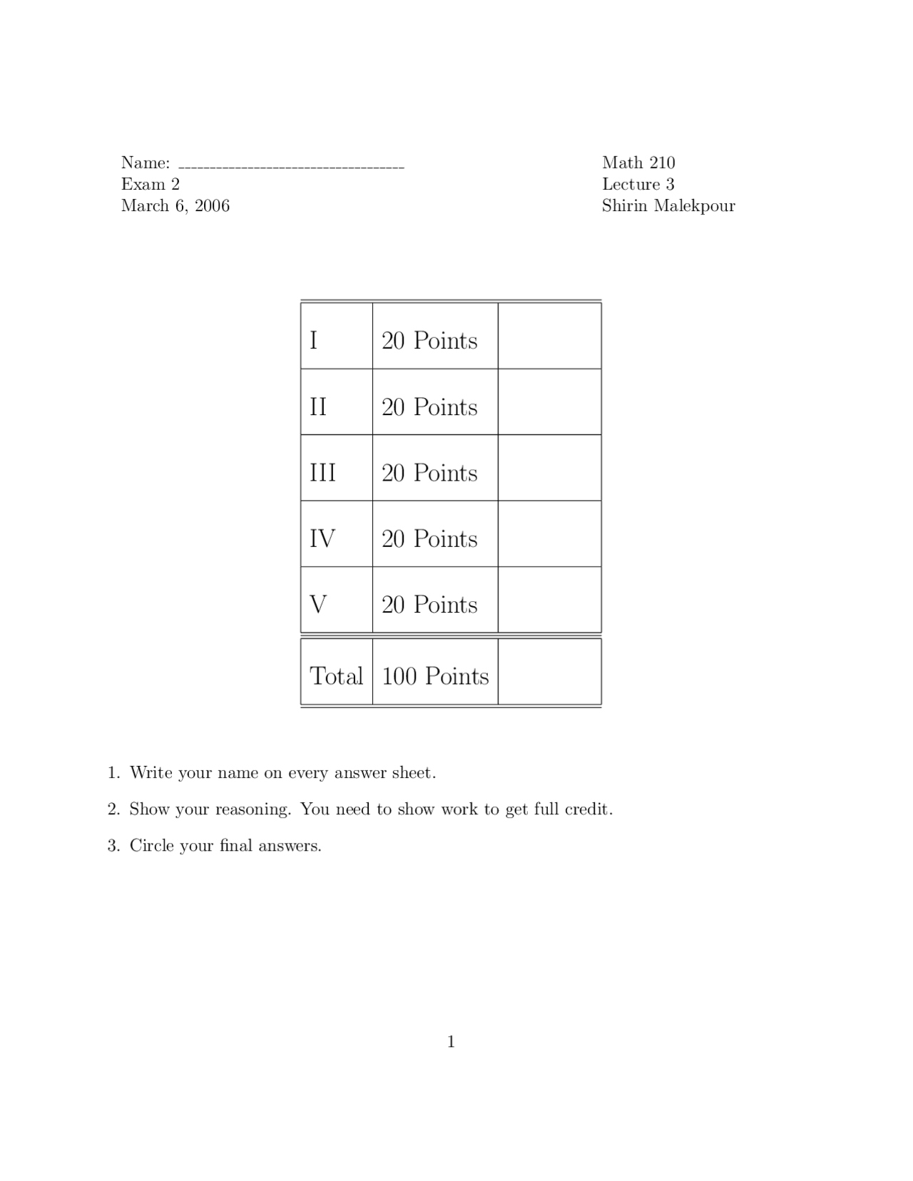 Exam 2 Questions For Finite Mathematics Math 210 Docsity