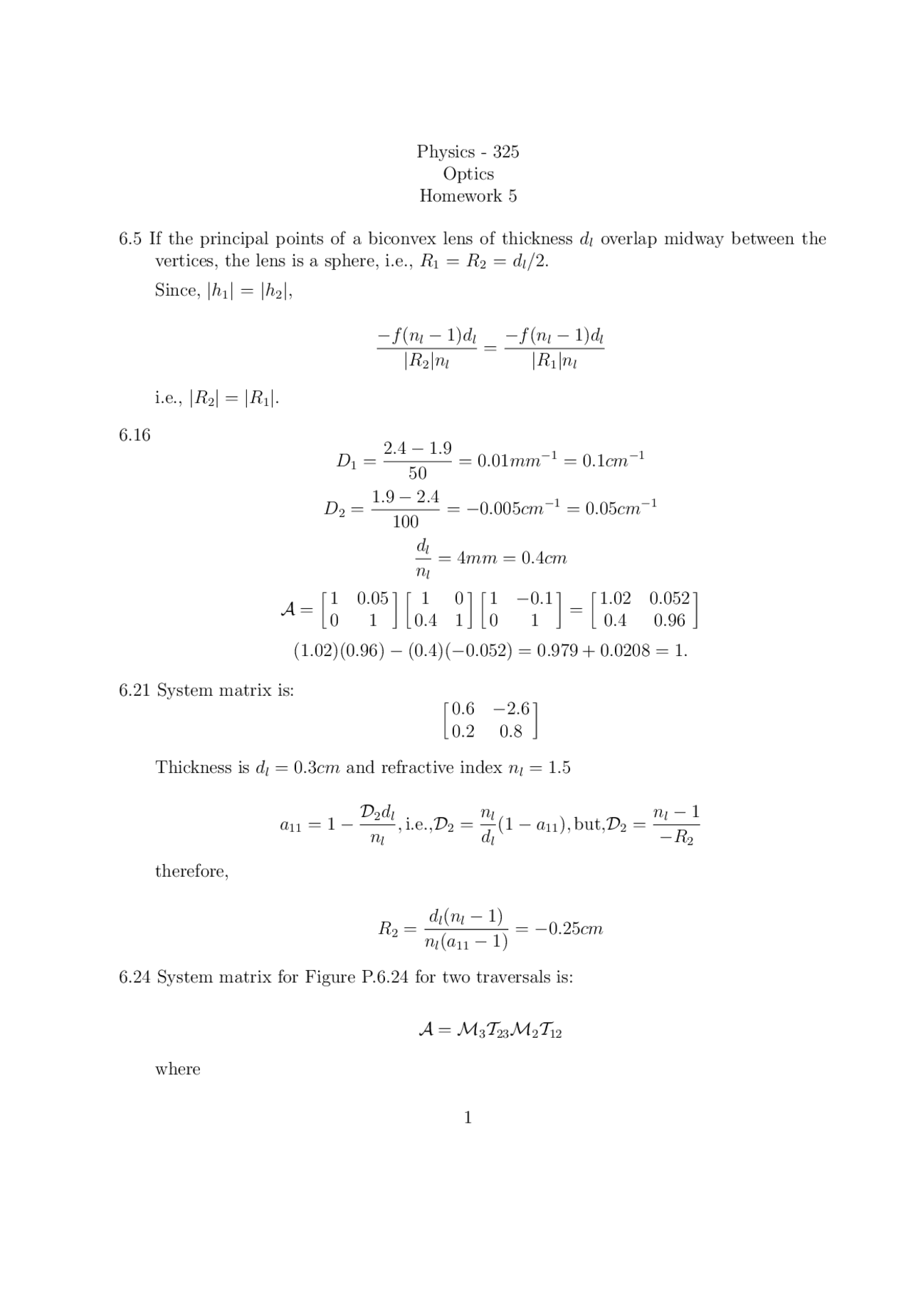 Wave Motion And Optics Homework 5 Physics 325 Docsity