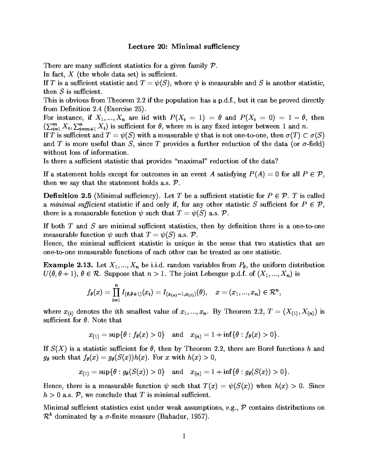 Minimal Sufficiency - Mathematical Statistics | STAT 709 - Docsity