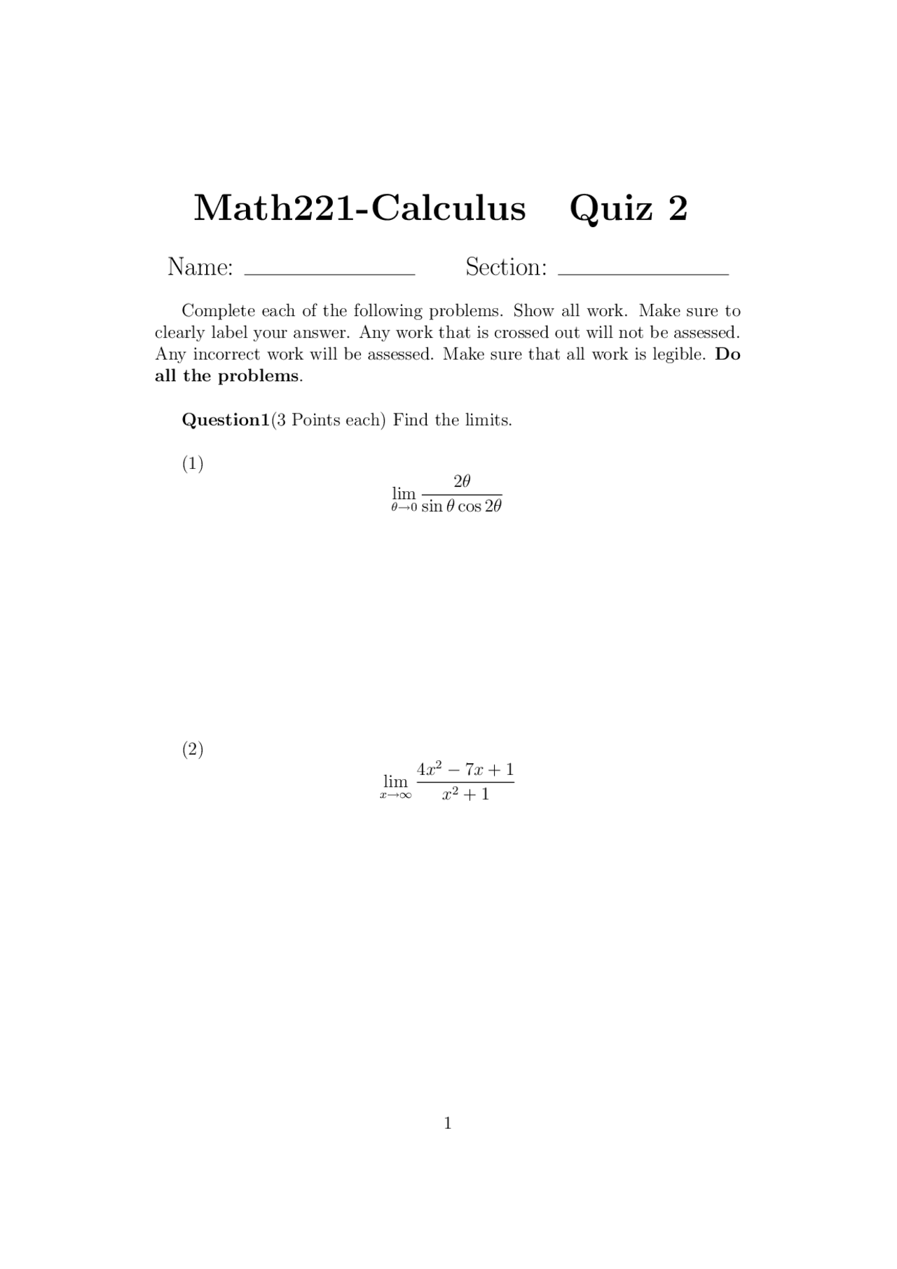 Find Limits Quiz 2 Calculus And Analytic Geometry Math 221 Docsity
